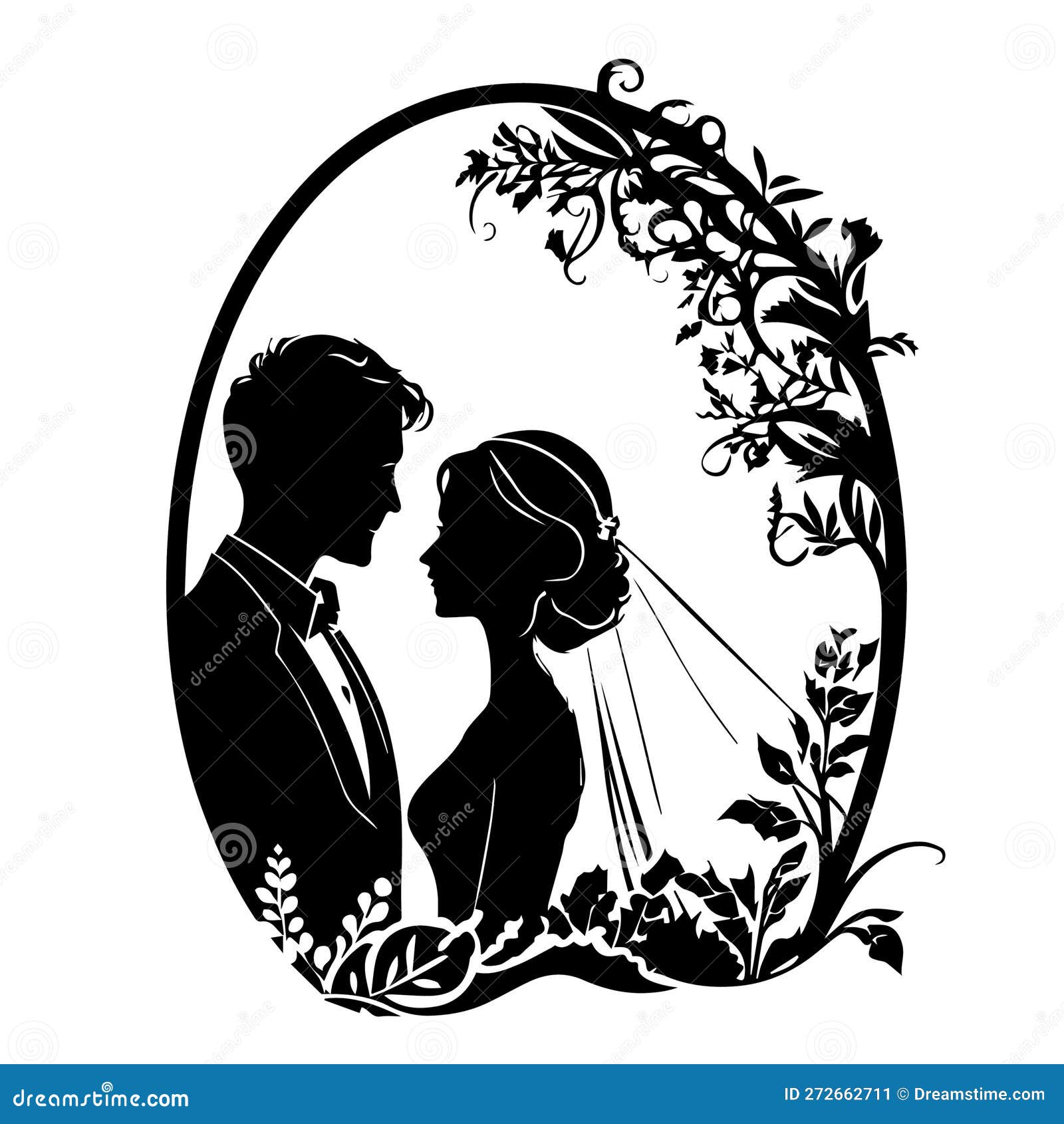 Wedding Young Couple Of Lovers Just Married Black Vector Stencil
