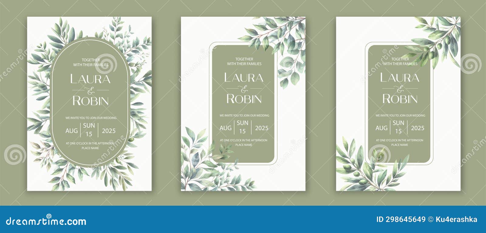Weding Card Template with Elegant Greenery Botanical Leaf and Branch ...