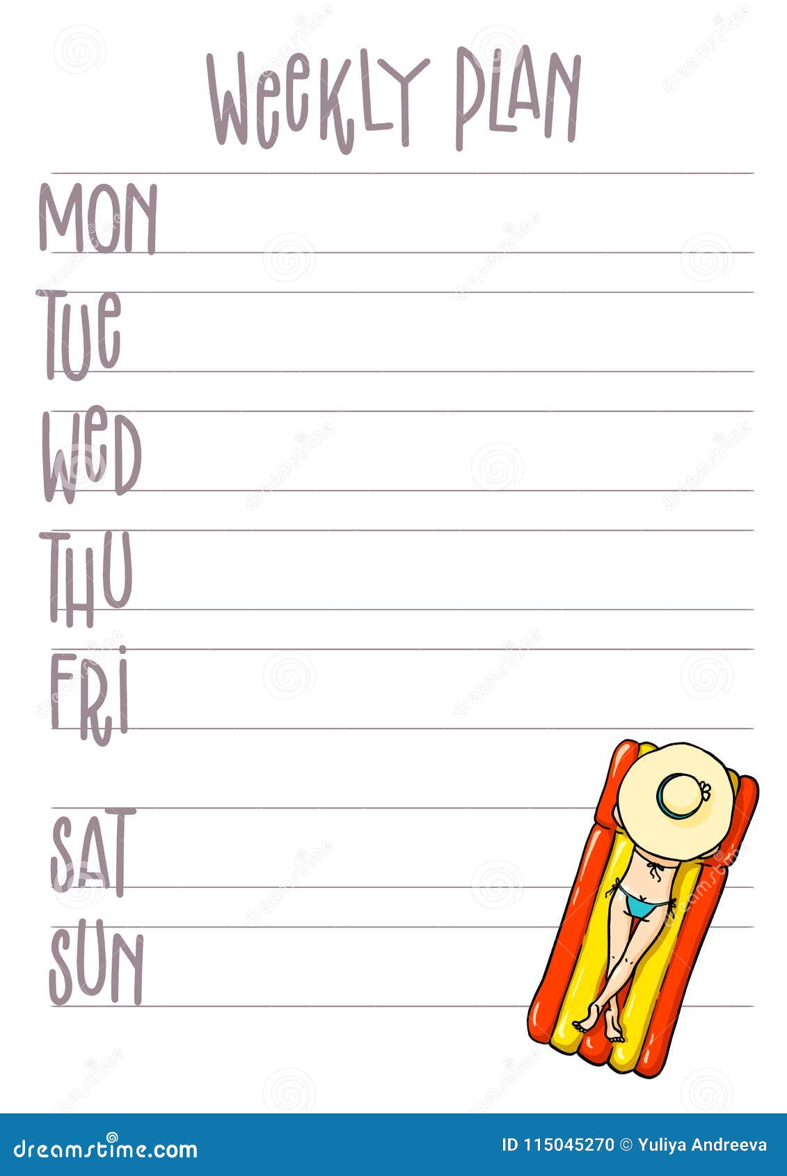 Week Plan Printable Page. Vector Organizer Template with Cartoon ...