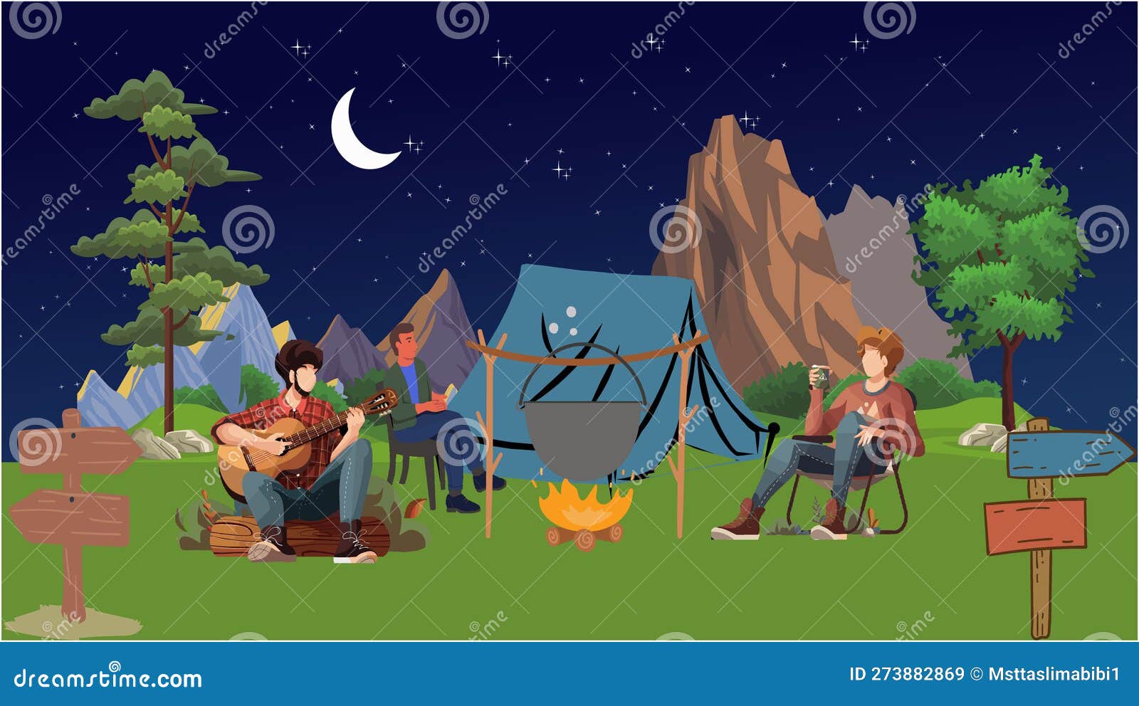 Weekend Campfire with Friends in the Mountain Vector Art. Stock Vector ...