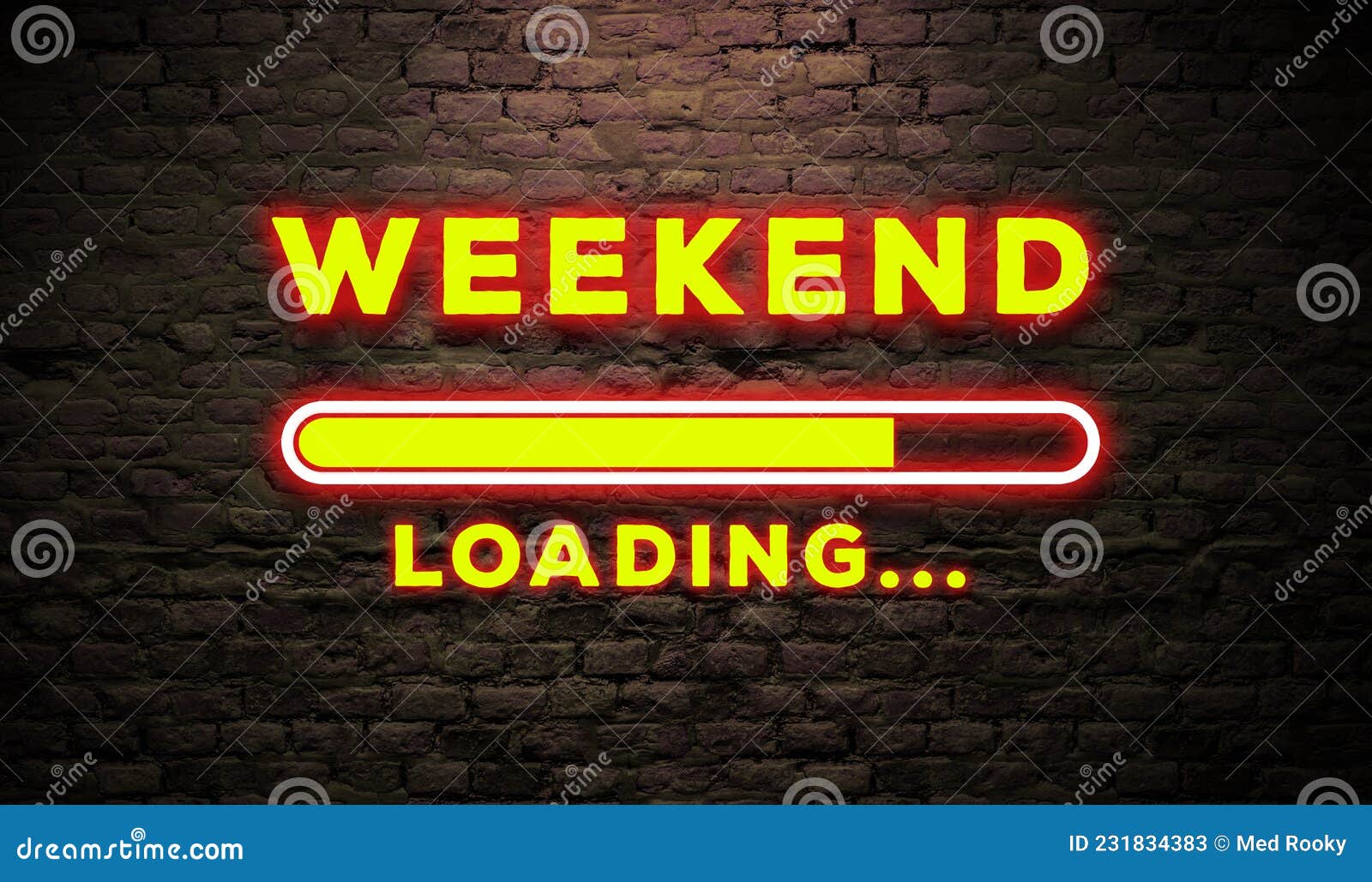Weekend Loading in Neon Light Style. Neon Sign in Dark Brick Wall with ...