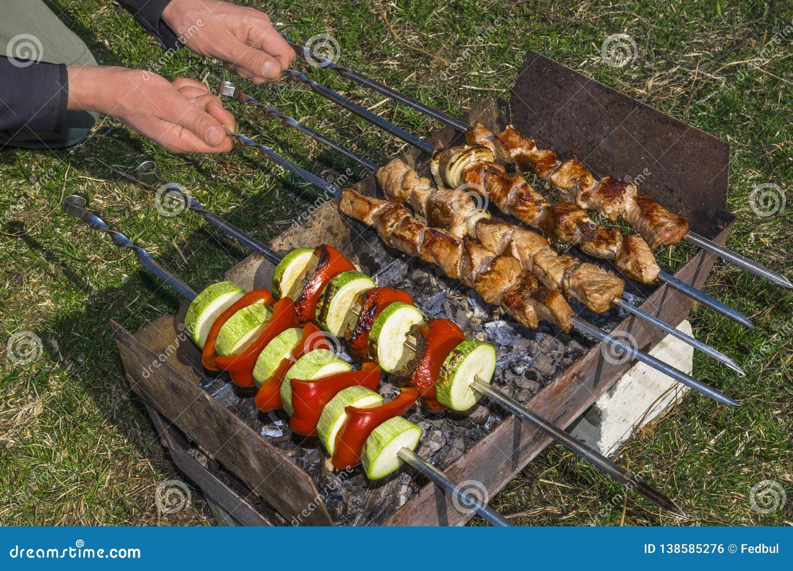 Weekend Picnic at the Nature. Barbecue Meat and Vegetables Stock Photo ...