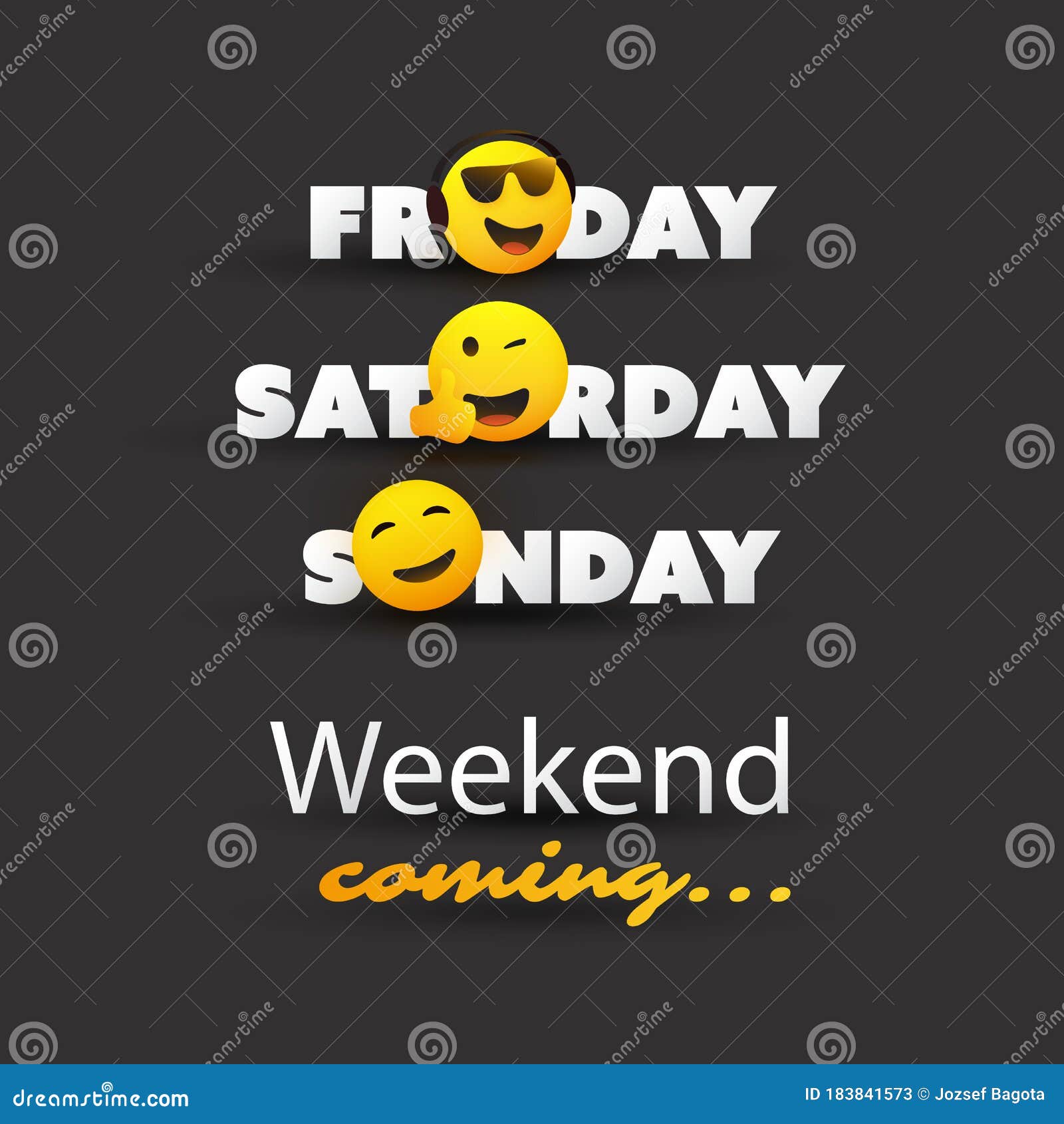 Weekend`s Coming Typescript with Winking and Smiling Emoticons Stock ...