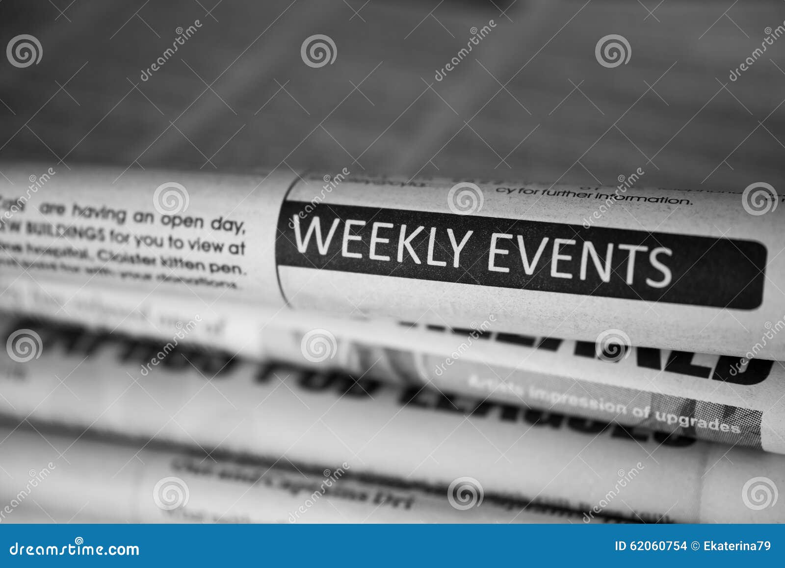 Weekly events in newspaper stock photo. Image of heap - 62060754