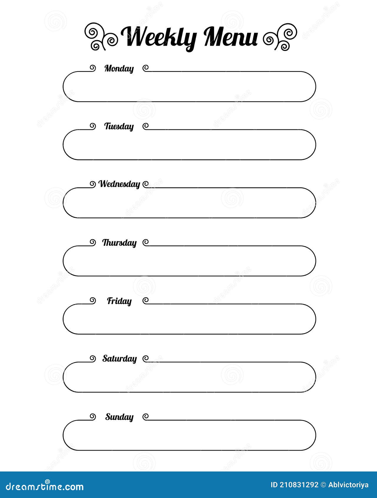 Weekly Menu. Meal Planner for a Week. Vertical Blank Form. Printable ...