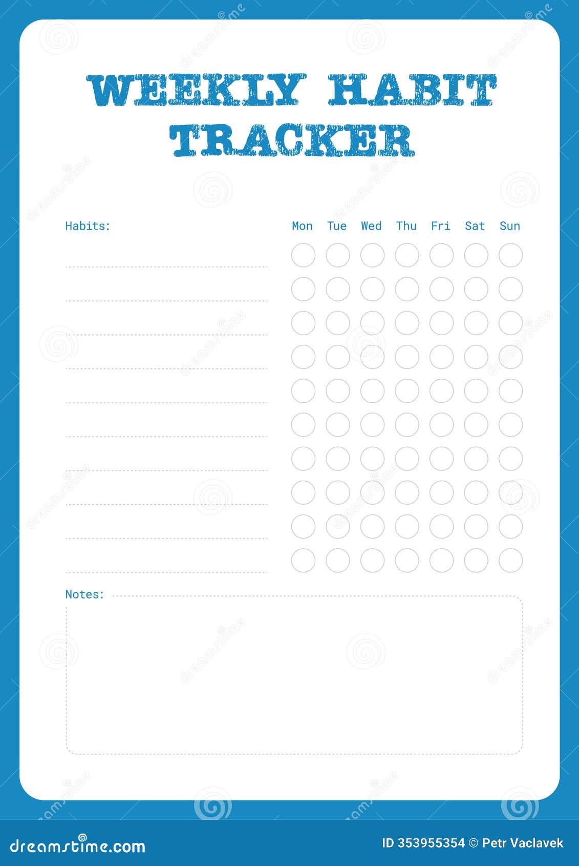 Weekly Minimalistic Habit Tracker Template With Blue Border Vector ...