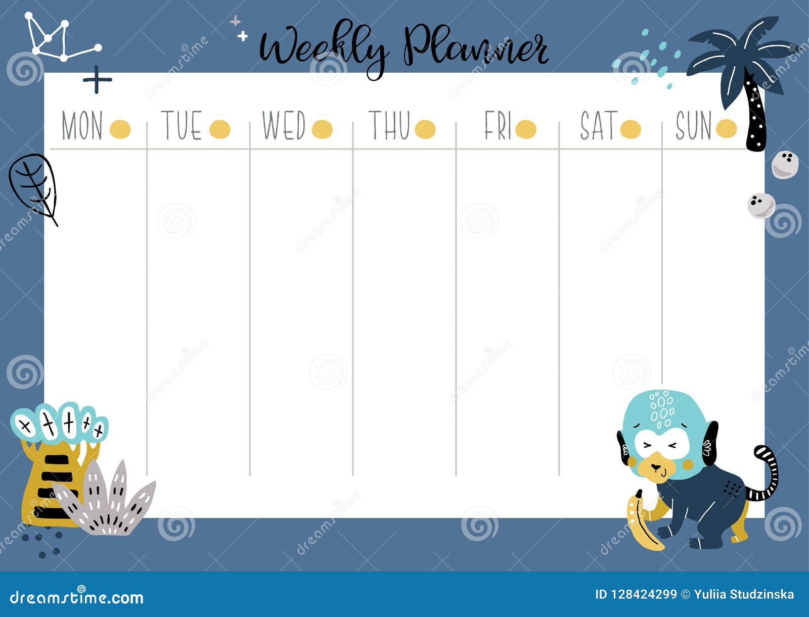 Weekly Organizer Timetable Template Plan Weekdays Cartoon Vector ...
