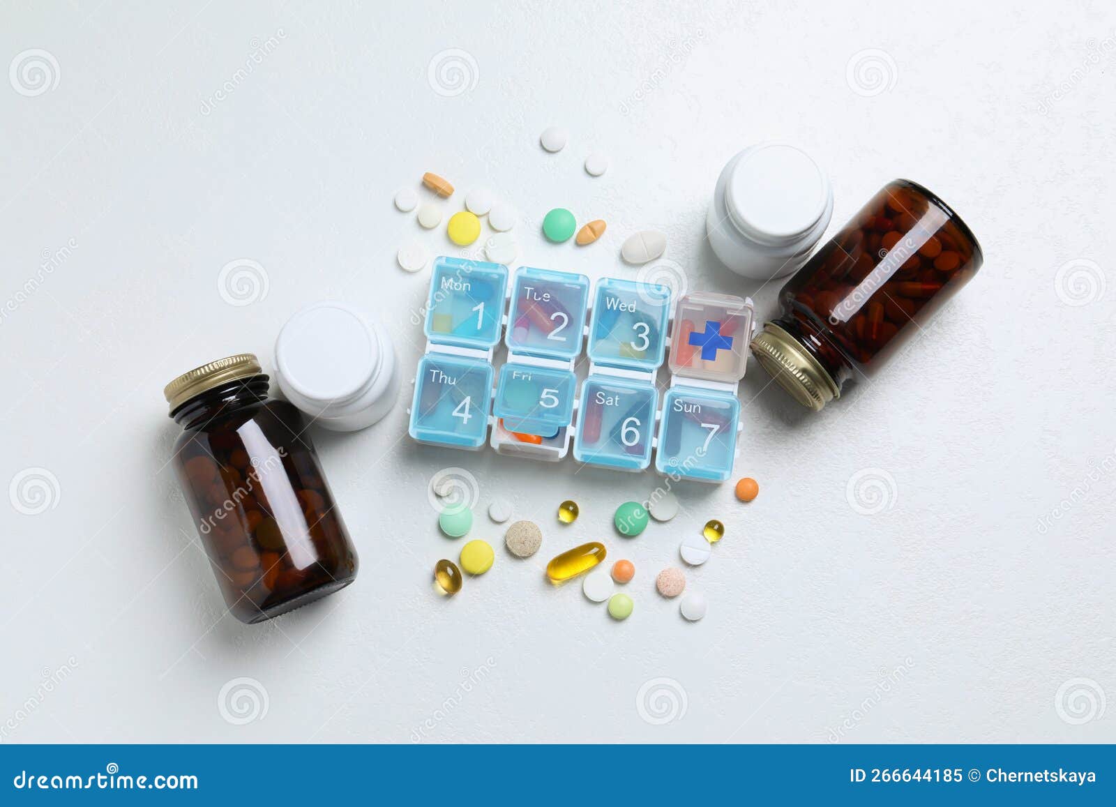 Weekly Pill Box with Medicaments on White Table, Flat Lay Stock Image ...