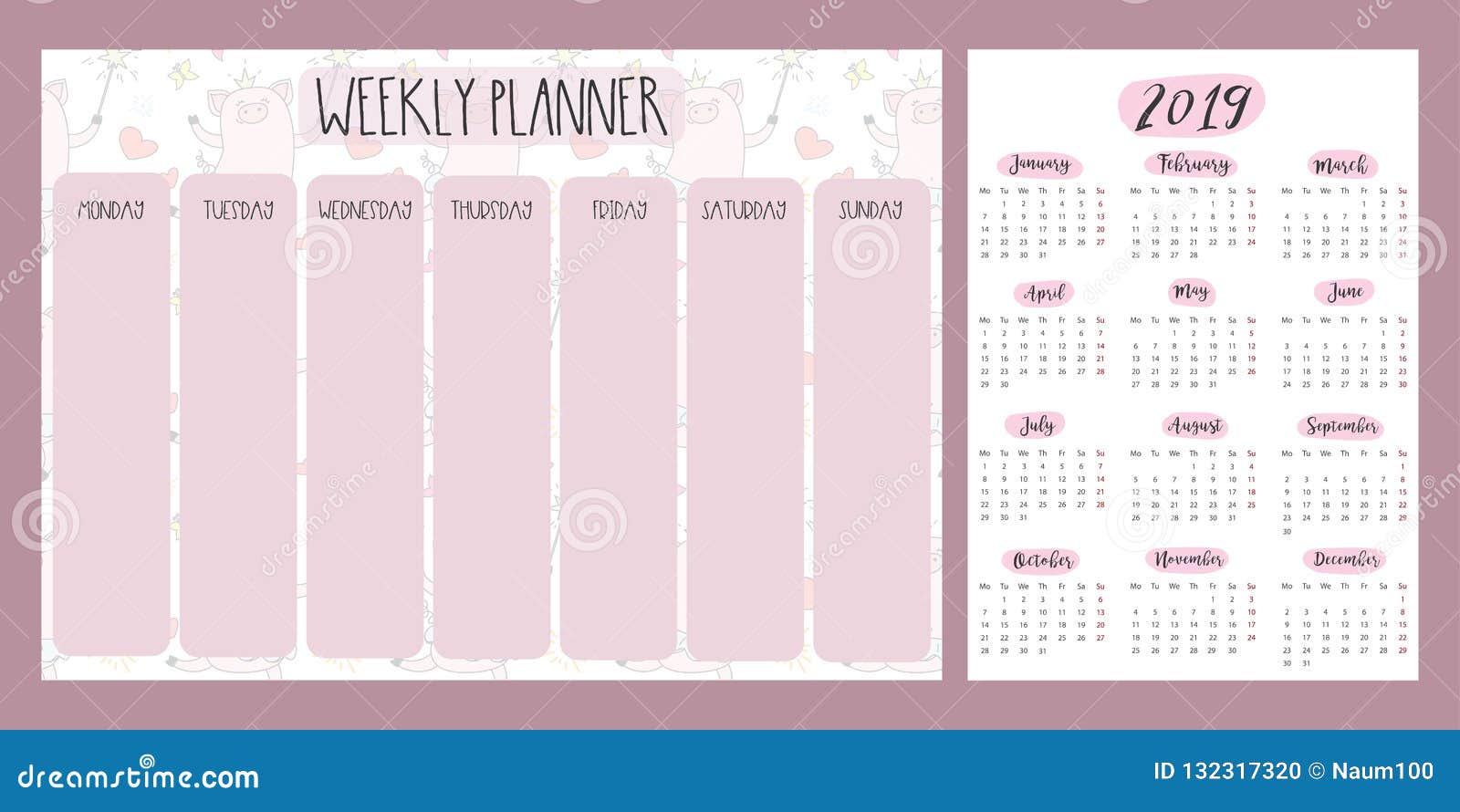 Weekly Planner and Calendar 2019,template Page,doodle Hand Drawn Stock ...