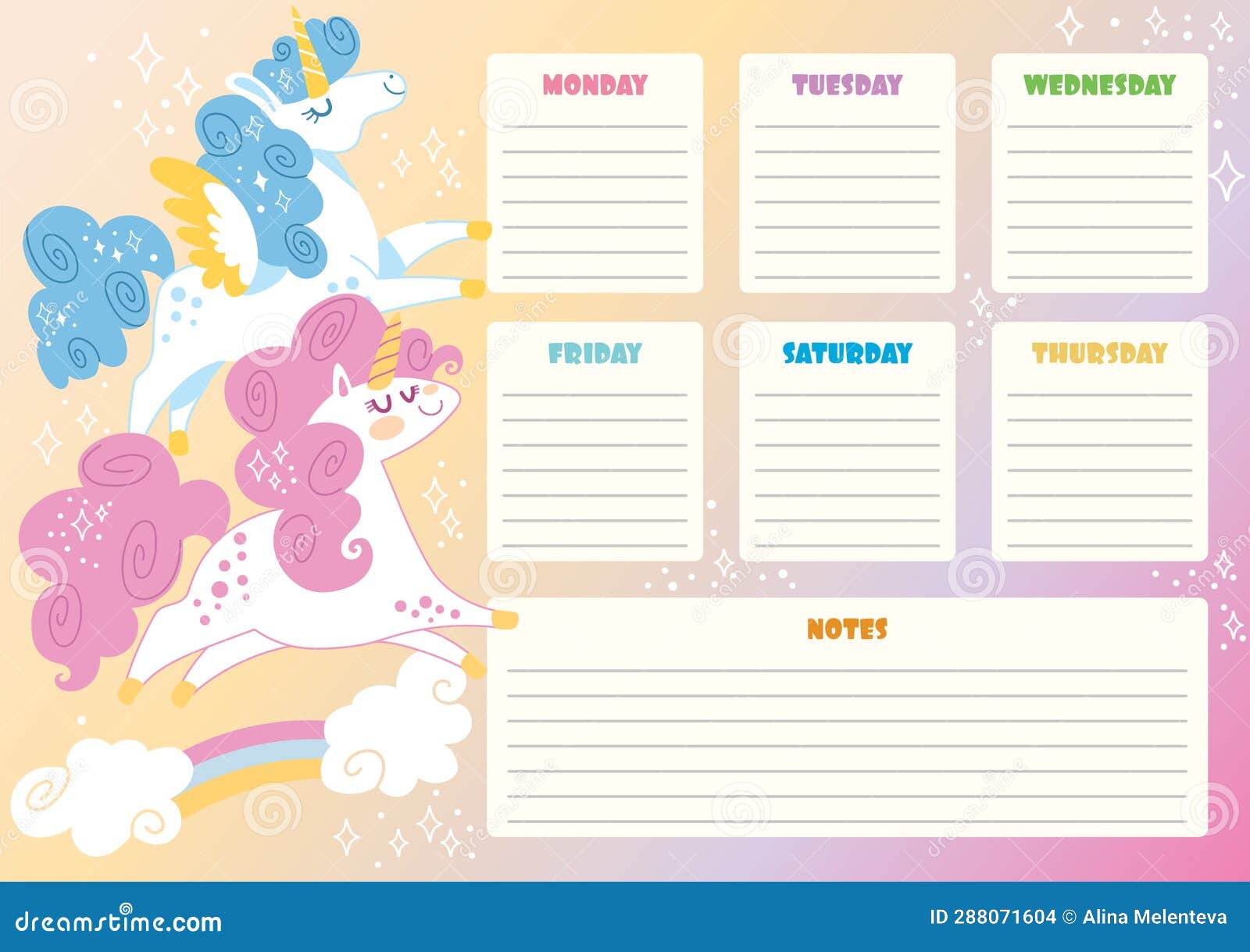 Printable Cute Unicorn Rainbow Weekly Planner Vector 2 Stock Vector - Illustration of graphic ...