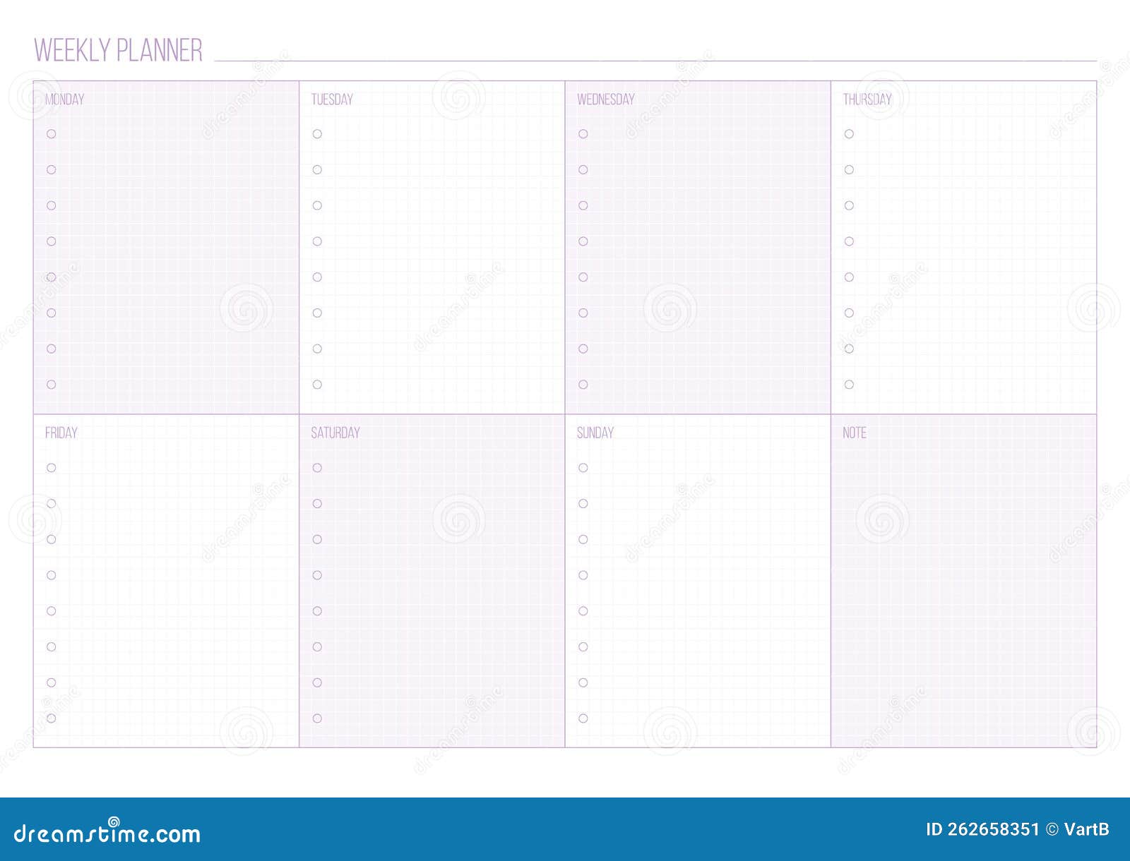 Weekly Planner Cute Purple Organizer Template Flat Stock Vector ...