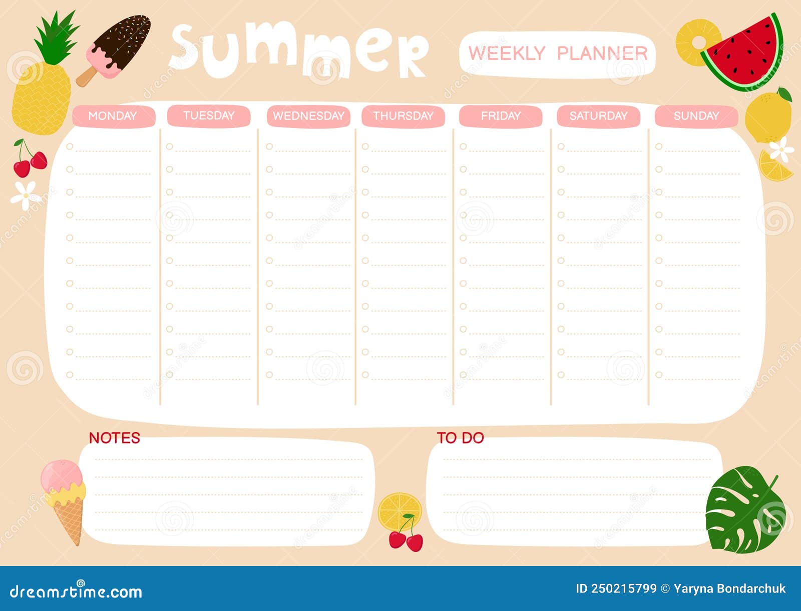 Weekly Planner with Cute Summer Objects. Doodle Flat Style Stock Vector ...