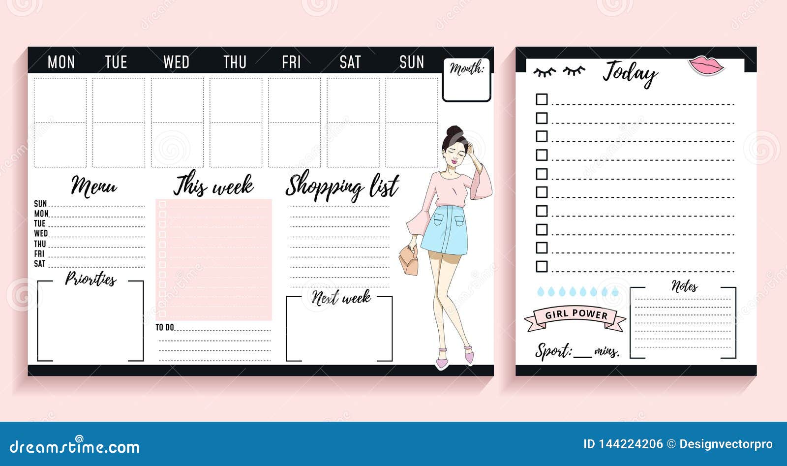 Weekly Planner Design with Fashion Elements and Young Women. Vector ...
