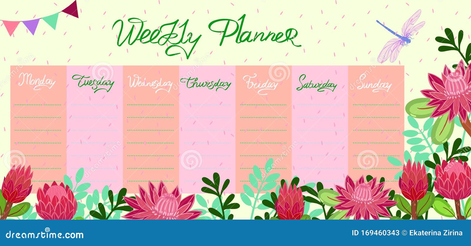 Weekly Planner with Dragonfly and Protea Flowers. Vector Graphics Stock ...