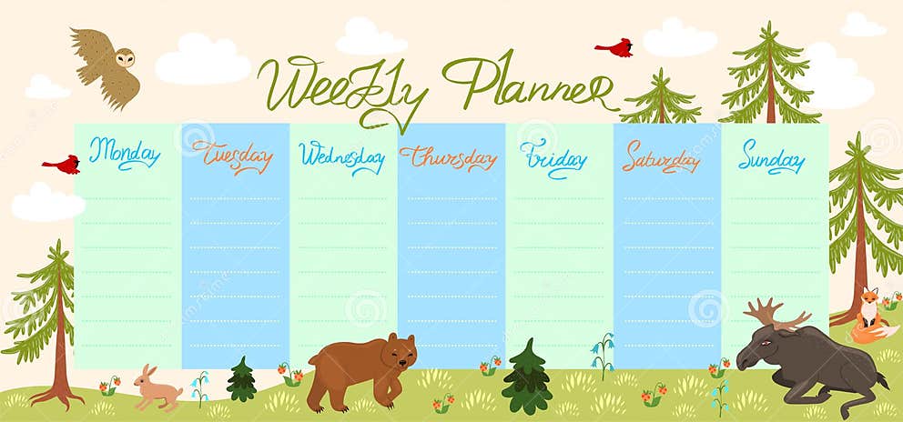 Weekly Planner with Forest Animals and Birds. Vector Graphics Stock ...