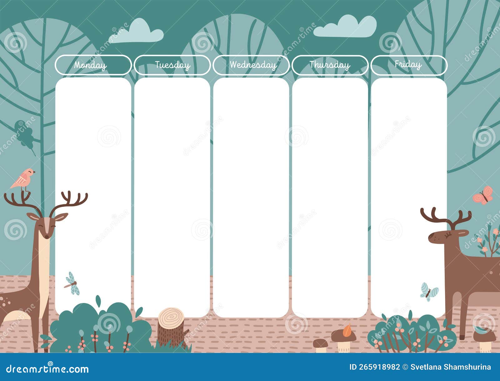 Weekly Planner with Forest Landscape with Animals and Trees. Vector ...