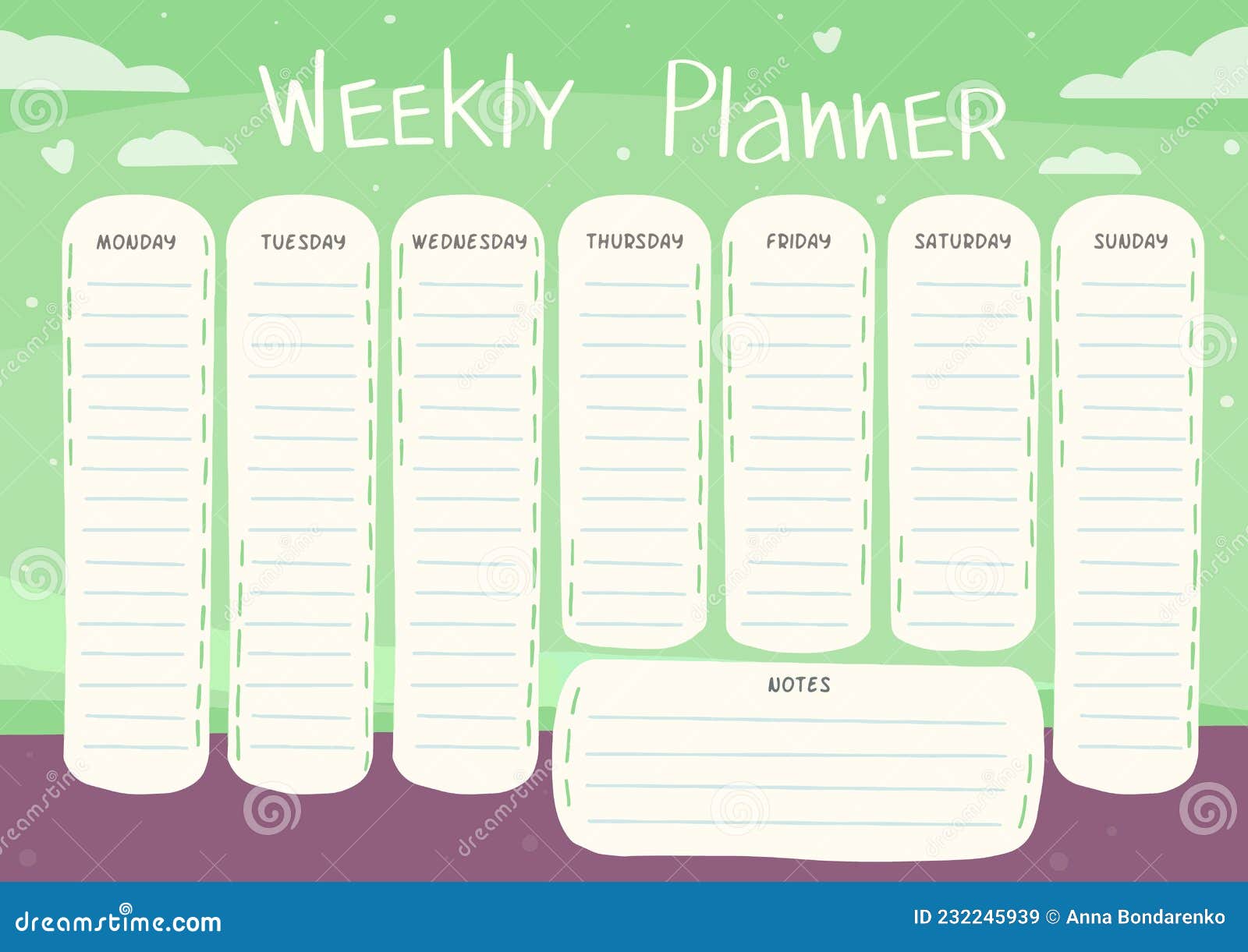 Weekly Planner Green in Cartoon Style. Vector Stock Vector ...