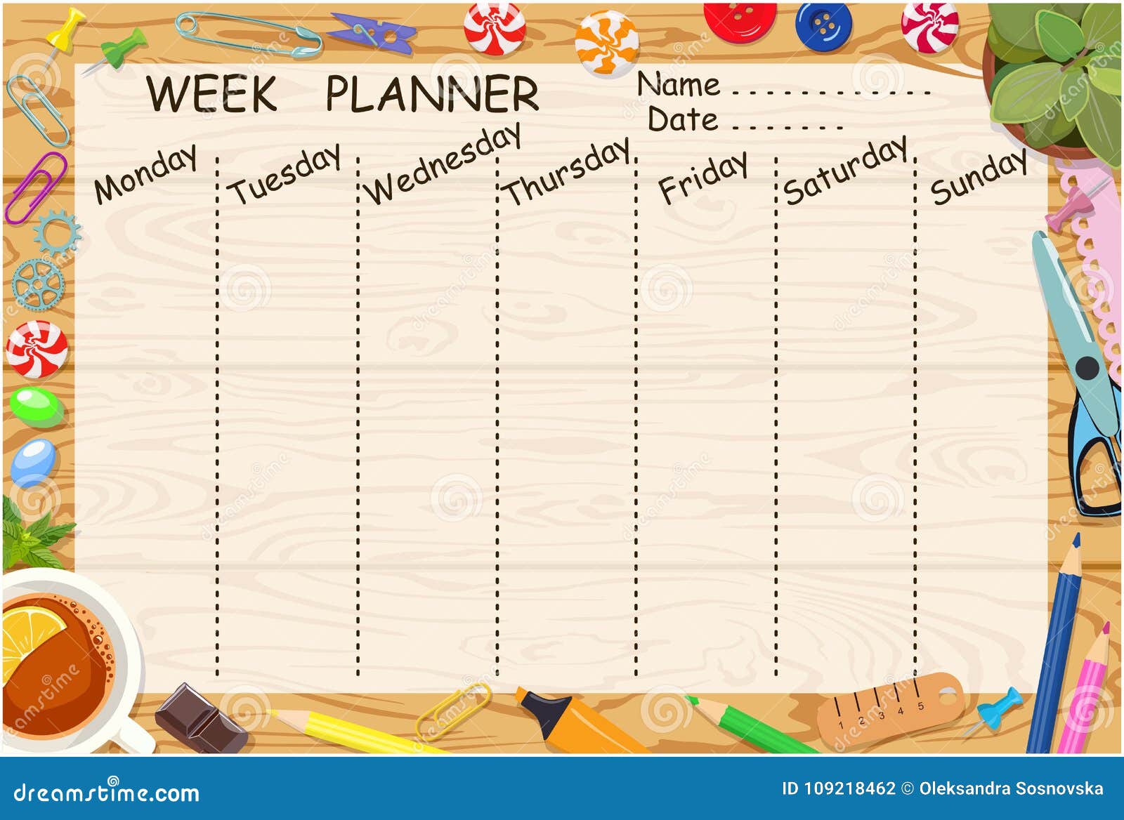 Weekly Planner of Horizontal Format. Desktop. Vector Illustration Stock ...