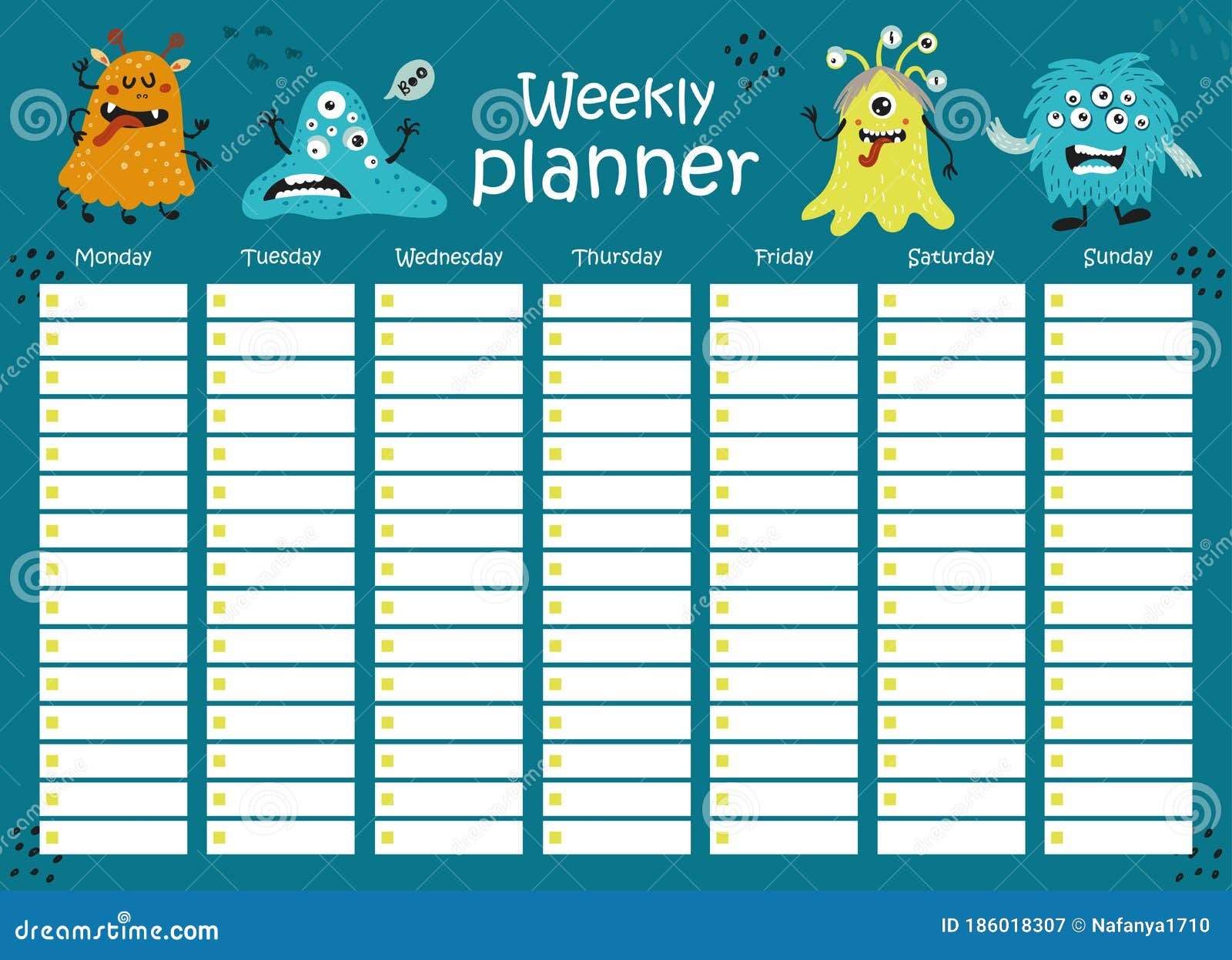 Weekly Planner with Monsters Stock Vector - Illustration of animal ...