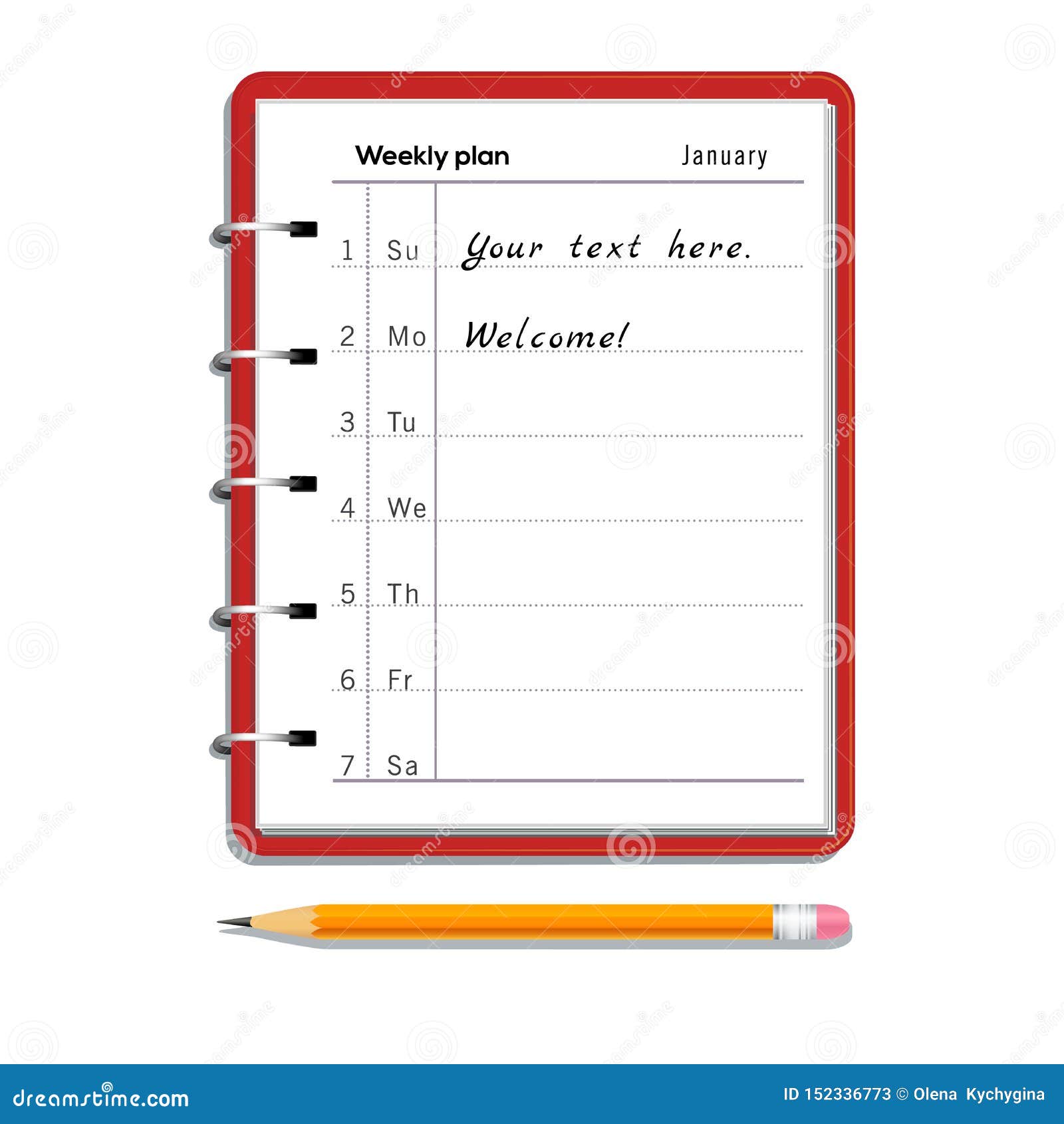 Weekly Planner Notebook with Text and Pencil with Eraser Isolated on ...