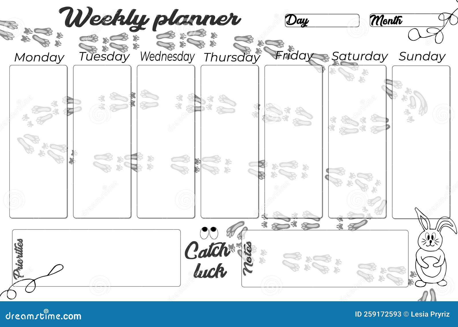 Weekly Planner, Organizer with Rabbit, Bunny and Paws Stock Vector ...