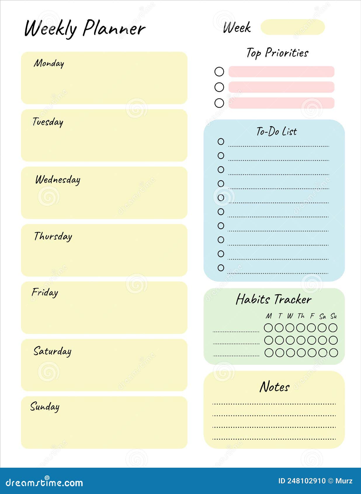 Weekly Planner Printable Template Vector. Blank White Notebook Page ...
