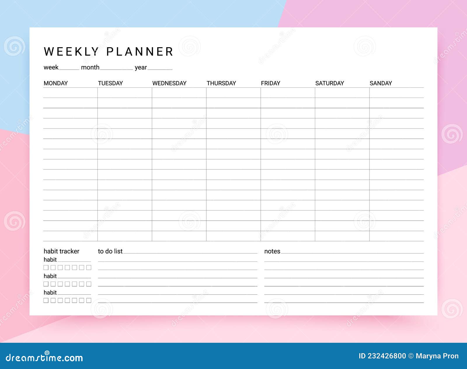 Weekly Planner. Schedule Homework Template. Vector Illustration Stock ...
