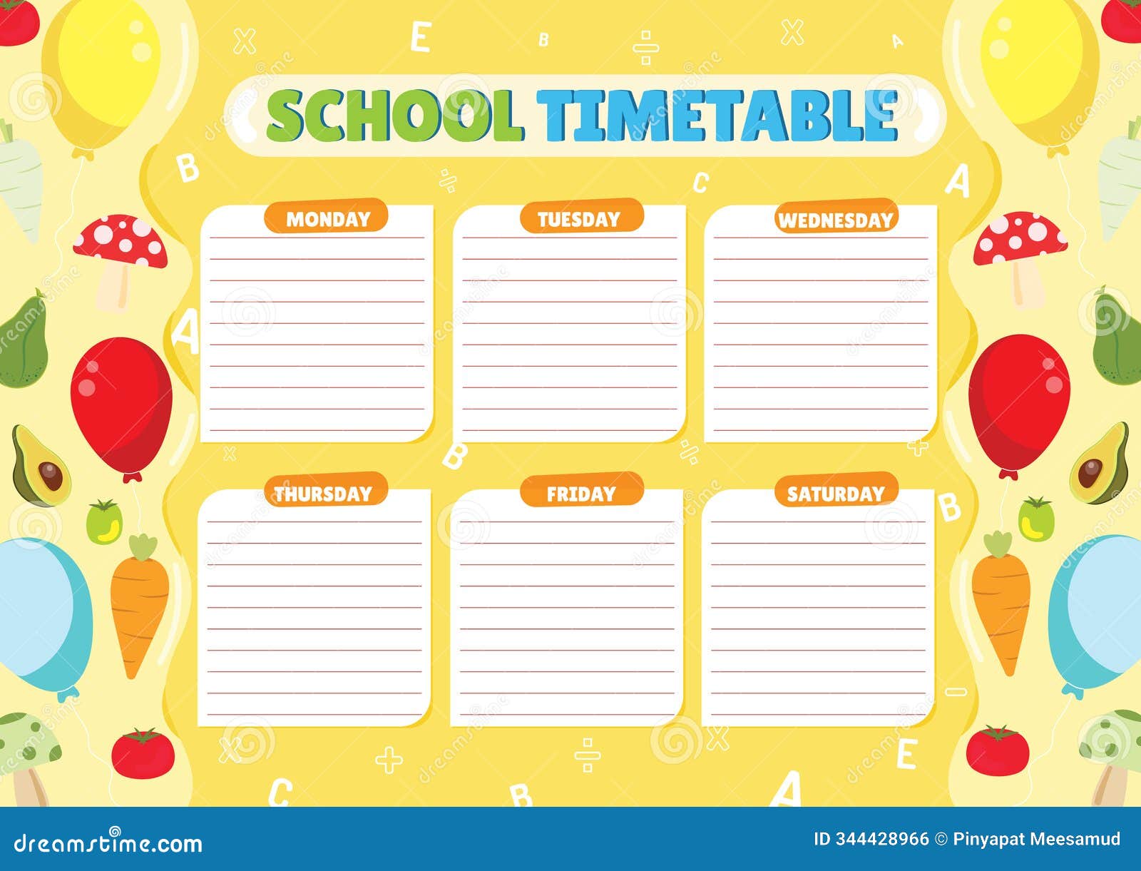 Weekly Planner and School Timetable Template on Yellow Background ...