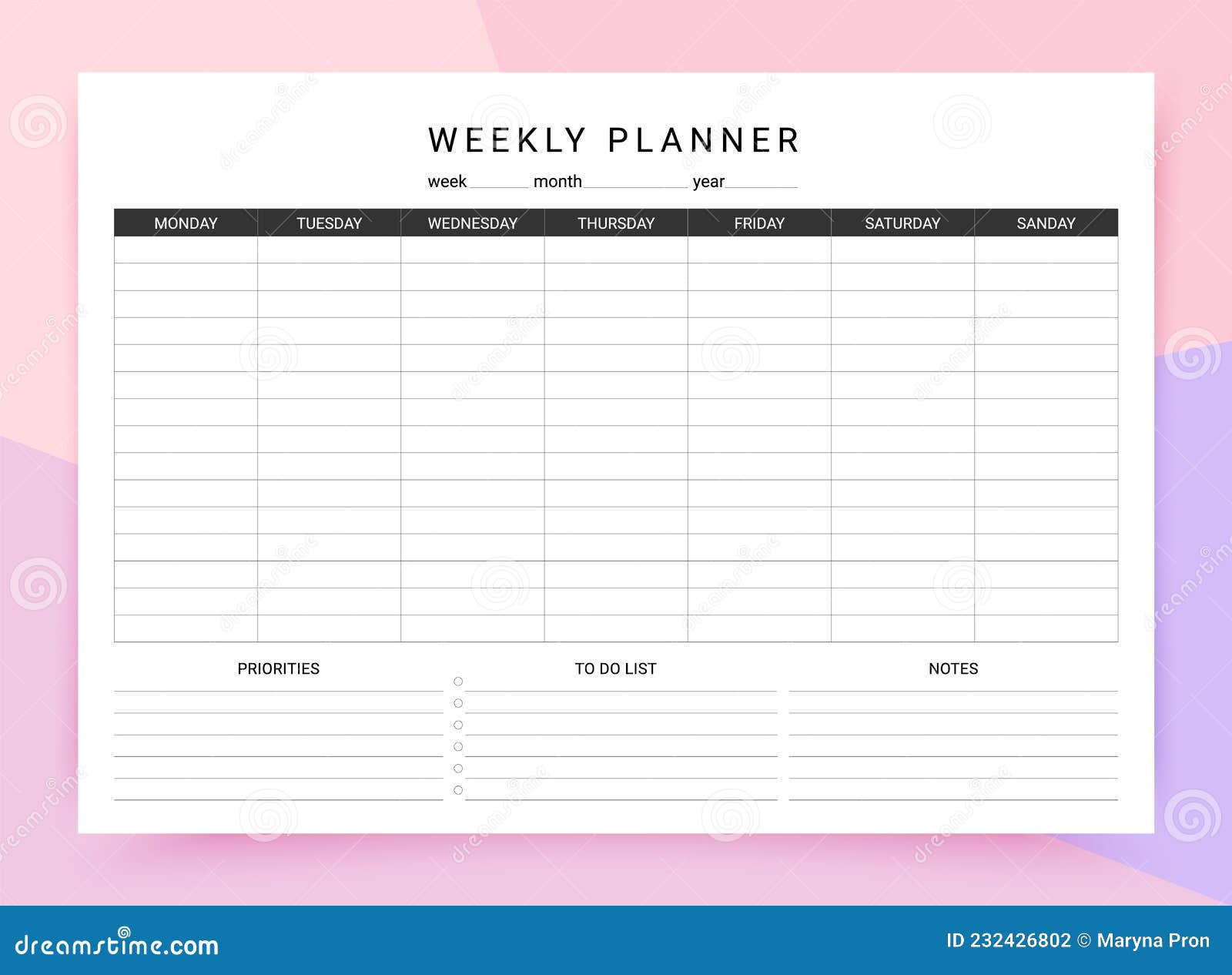 Weekly Planner. Simple Timetable Template. Vector Illustration Stock ...