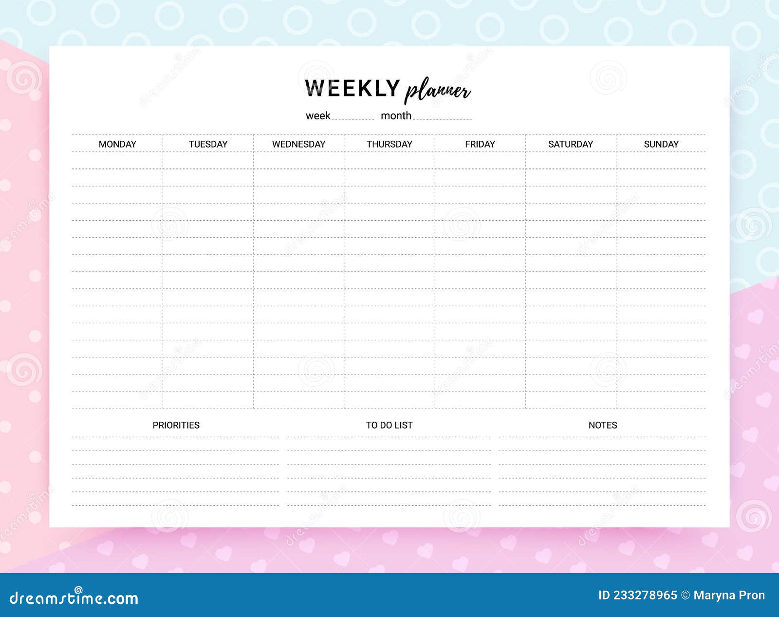 Weekly Planner. Simple Timetable Template. Vector Illustration Stock ...