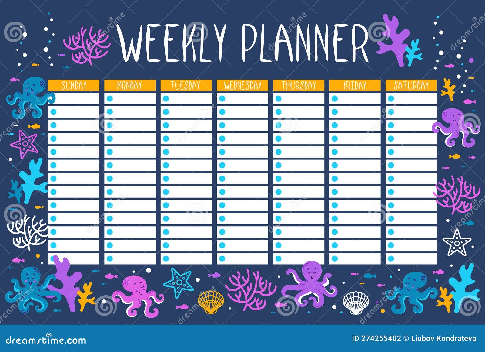 Weekly Planner. Summer Marine Pattern with Octopuses, Corals, Starfish ...