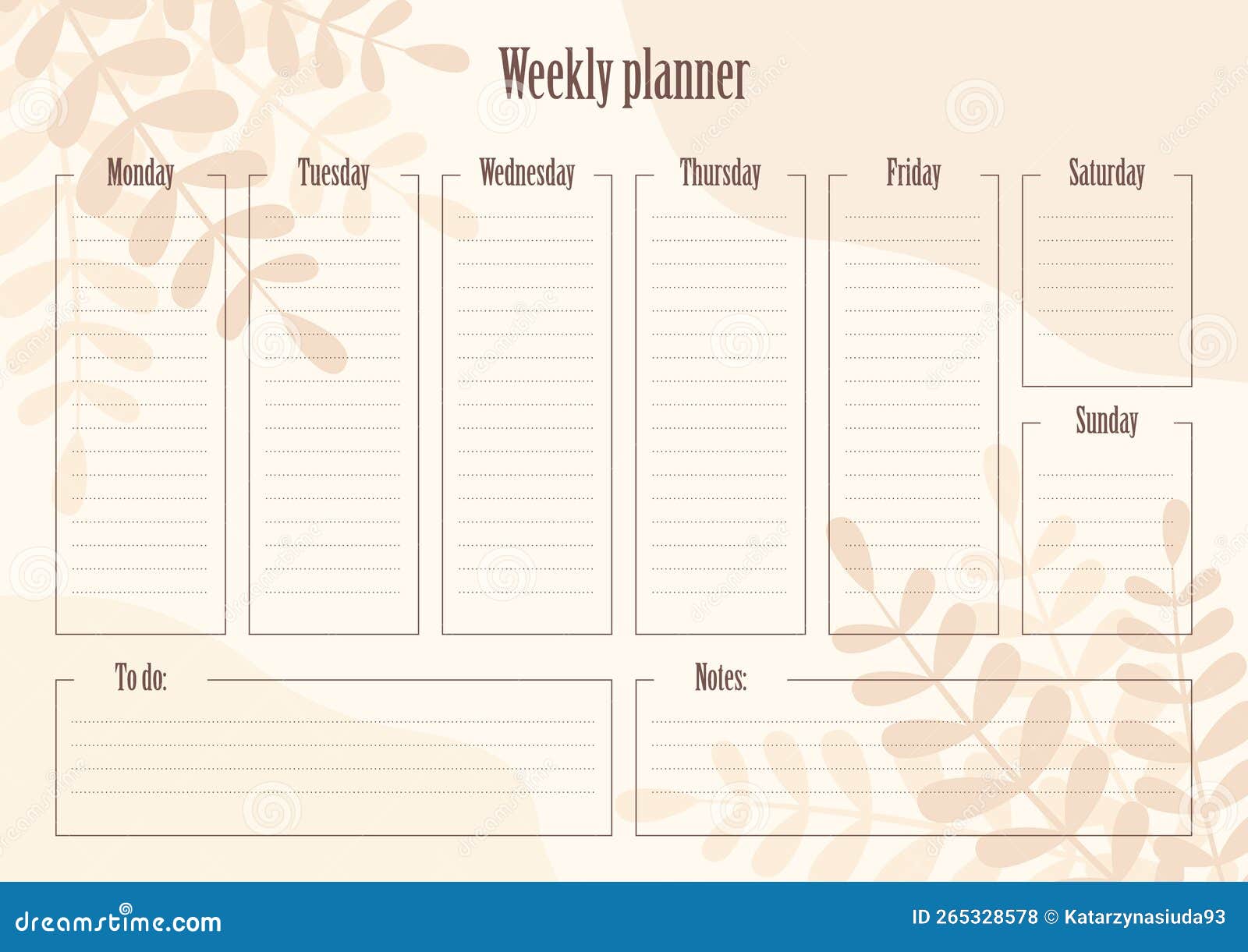 Weekly Planner Template. Leaves Pattern. Vector Design. Stock Vector ...