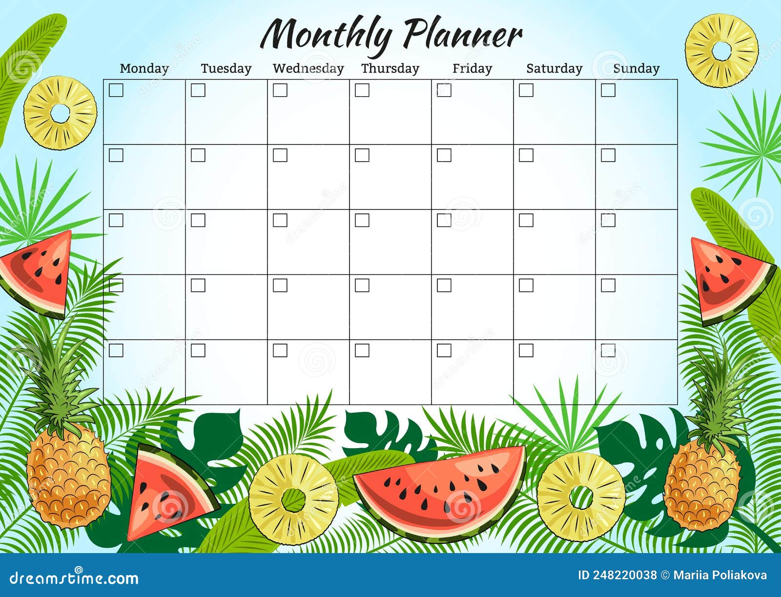 Weekly Planner Template with Tropical Leaves and Fruit Pieces. Stock ...