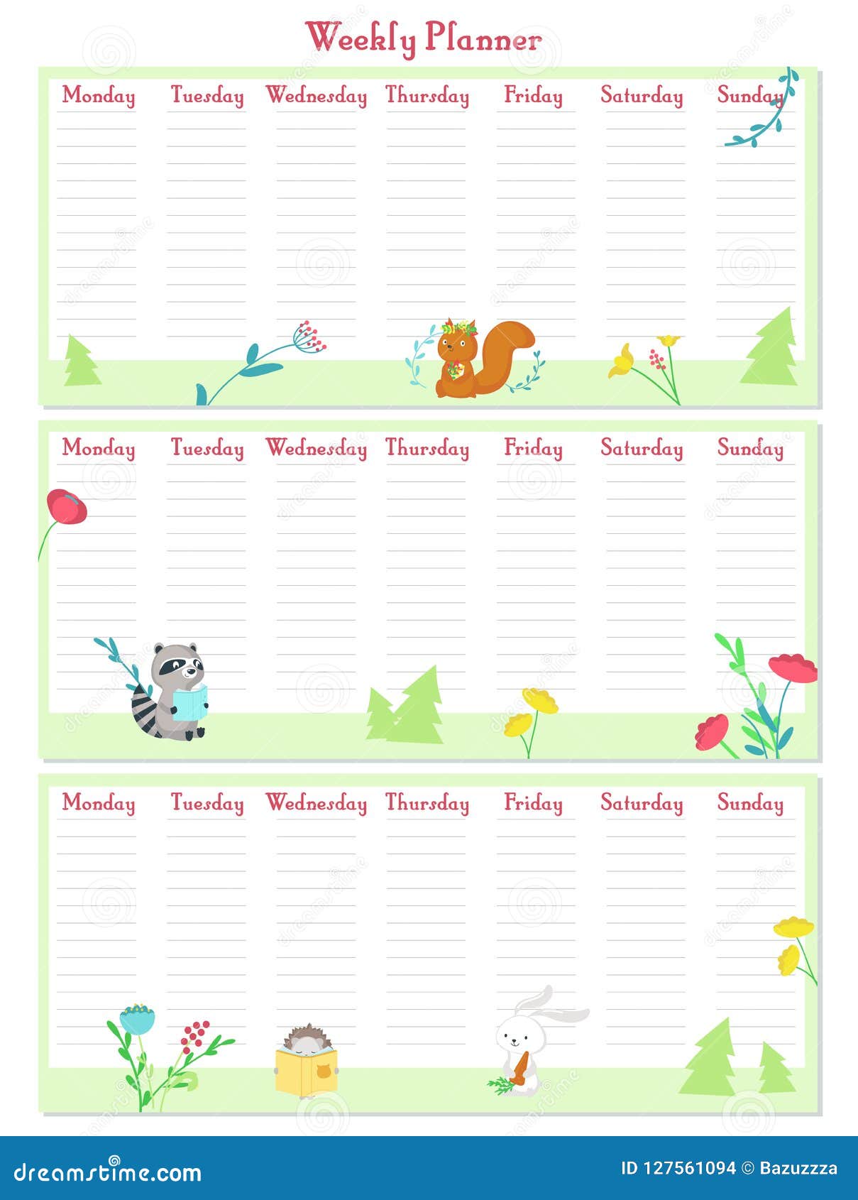 Weekly Planner Vector Template with Cute Animals Stock Vector ...