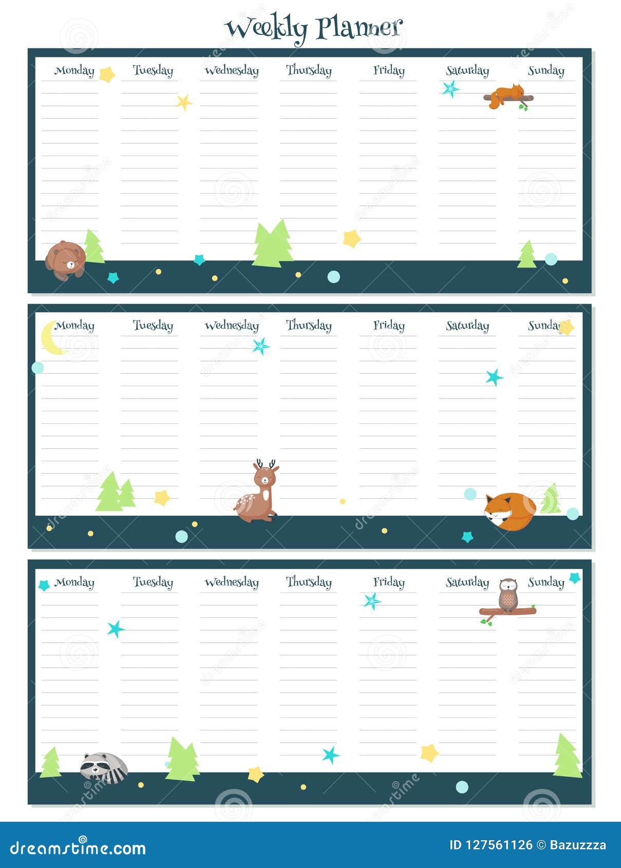 Weekly Planner Vector Template with Sleeping Animals Stock Vector ...