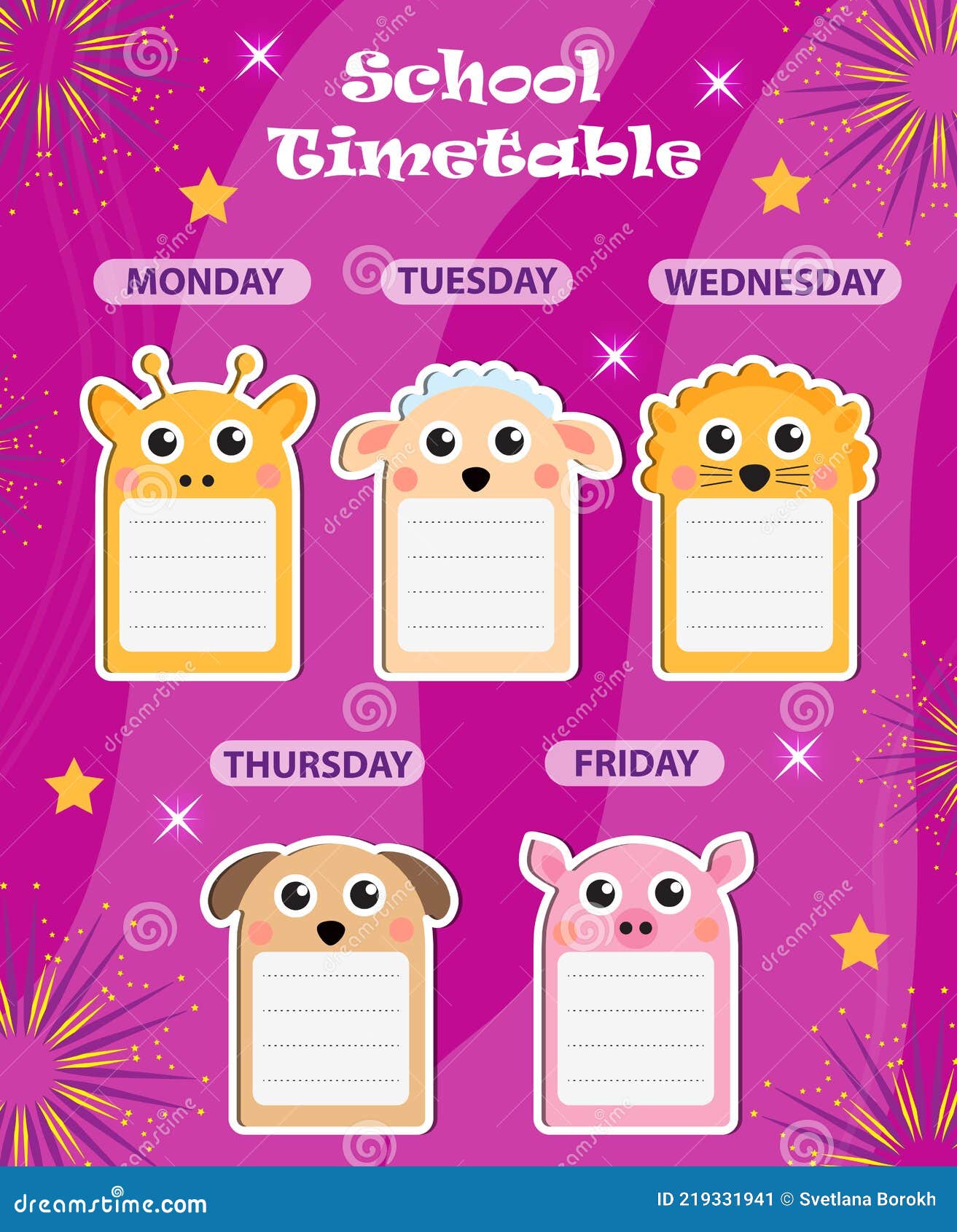 Weekly School Timetable Template with Cute Design Elements. Weekday ...