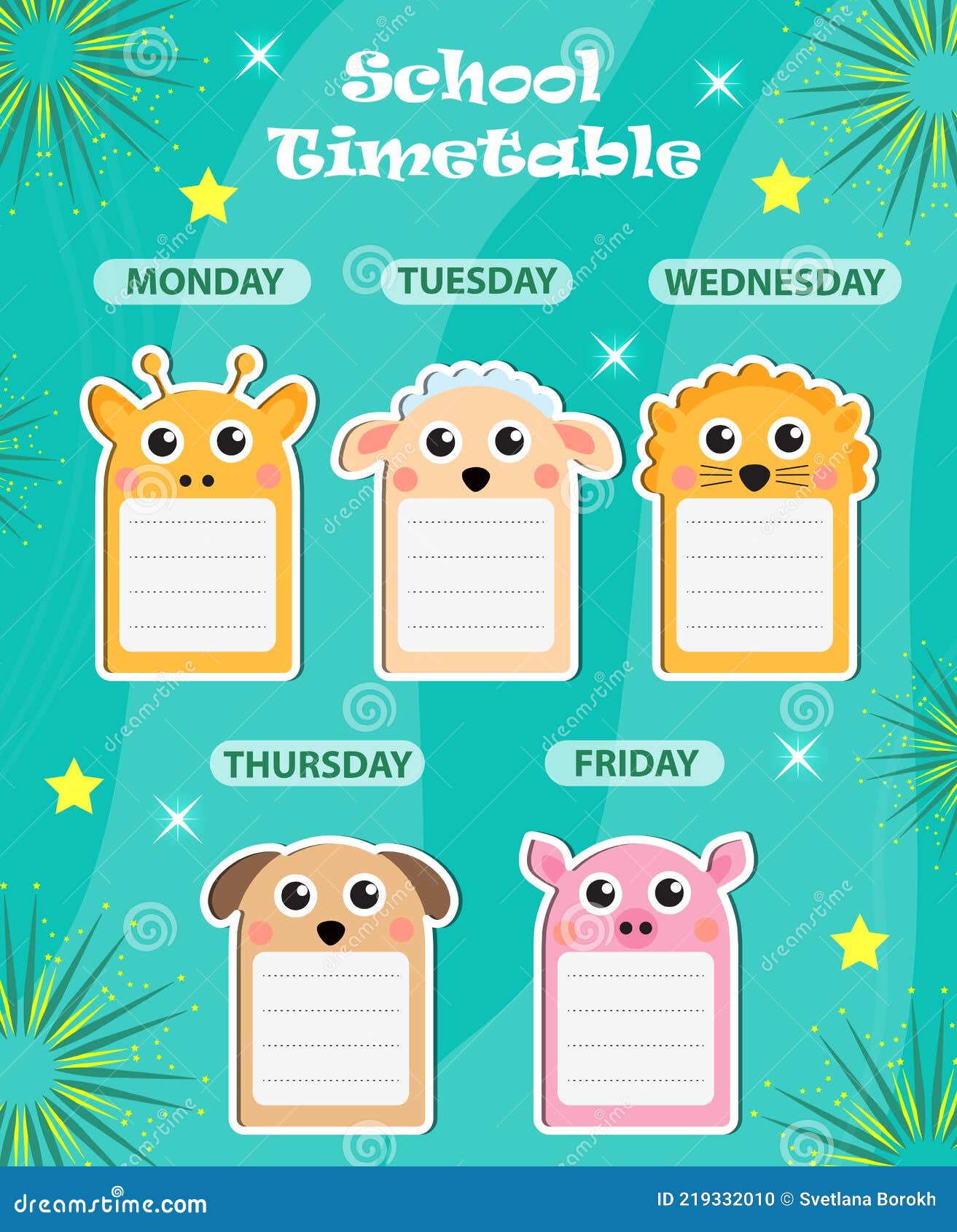 Weekly School Timetable Template with Cute Design Elements. Weekday ...