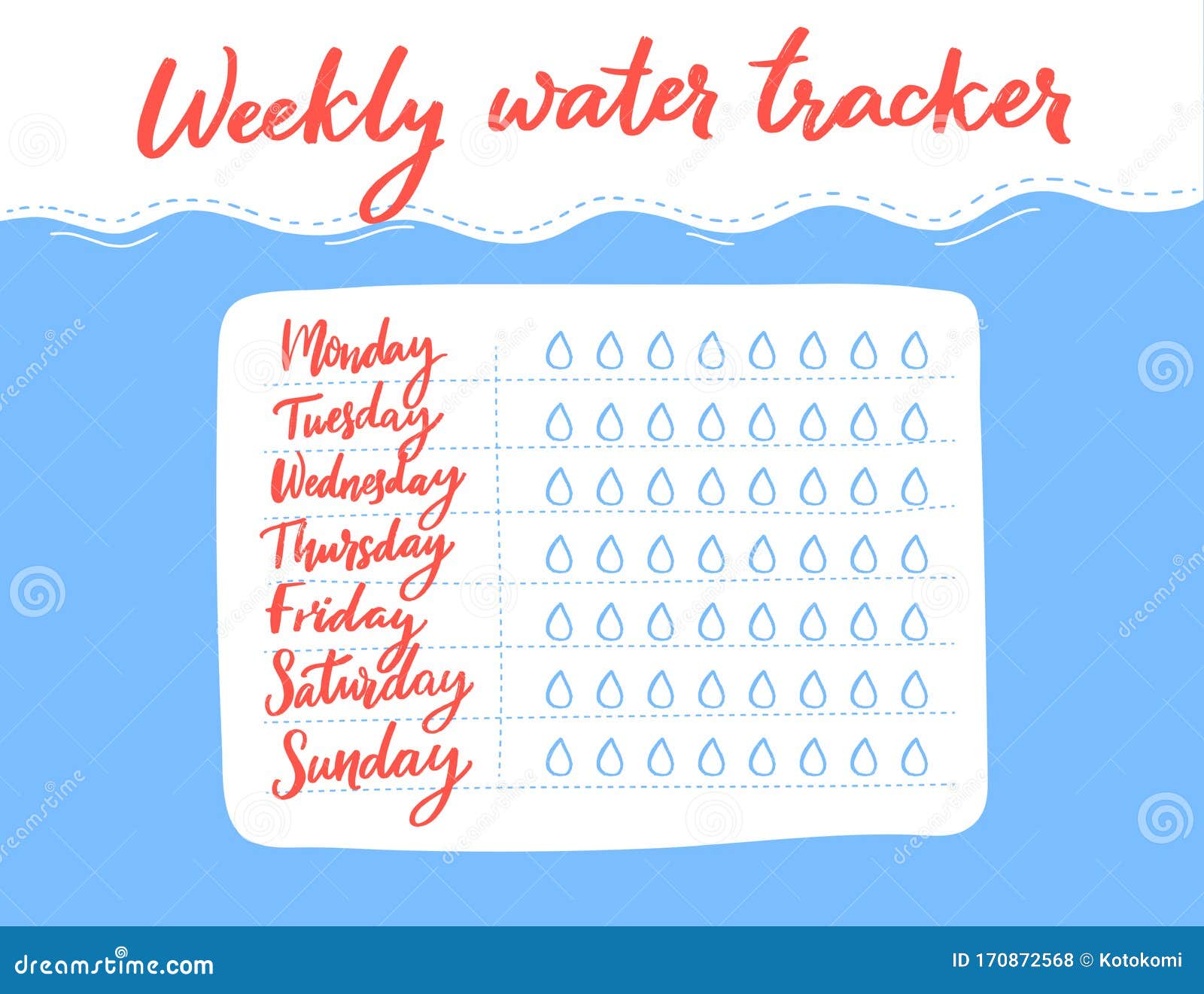 Weekly Water Tracker Design. Calligraphy Week Days and Drops of Water ...