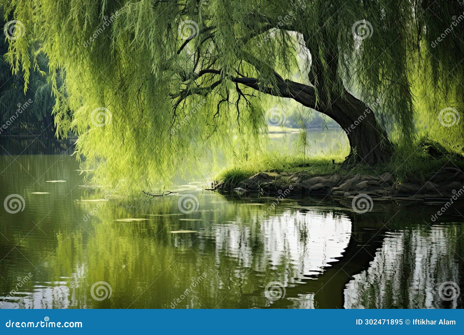 Weeping Willow Tree Reflected in the Lake with Reflection in Water, AI ...