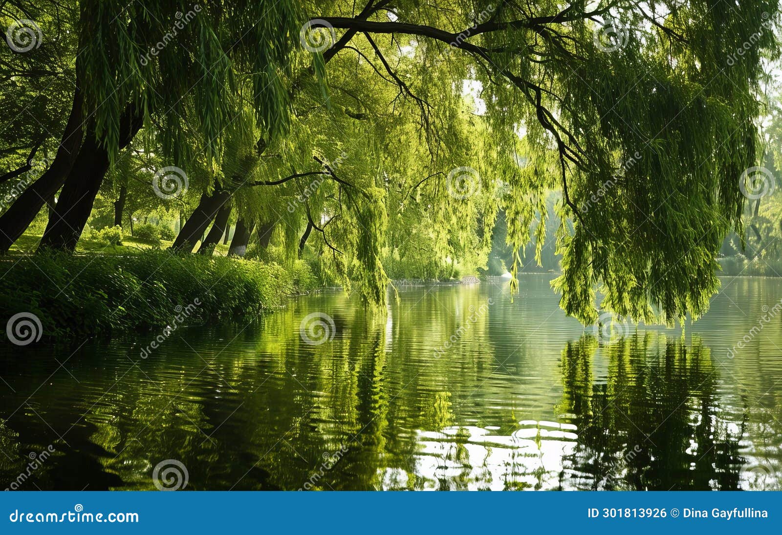 The Weeping Willow Tree Reflected in the Lake Water. Summer Landscape ...