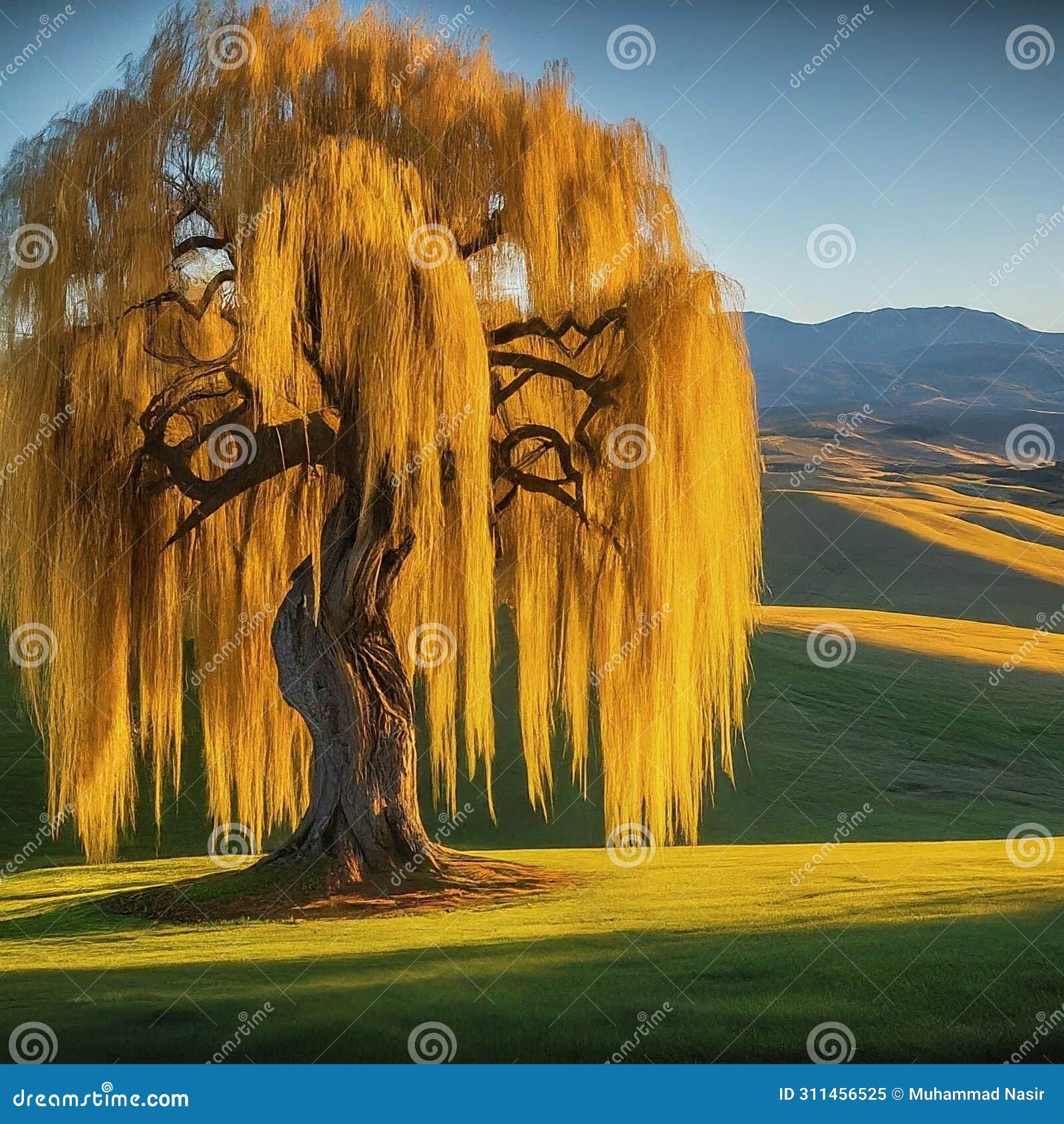 Weeping Willow Tree at Sunset in a Field Stock Image - Image of ...