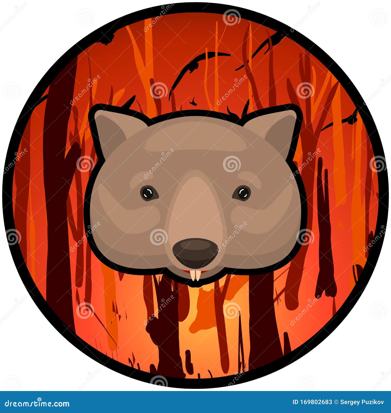 Weeping Wombat Icon On A Burning Australian Forest Background. Cartoon ...