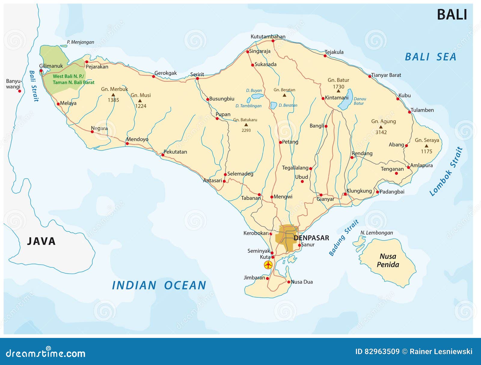 Wegenkaart Van Het Indonesische Eiland Bali Vector Illustratie ...