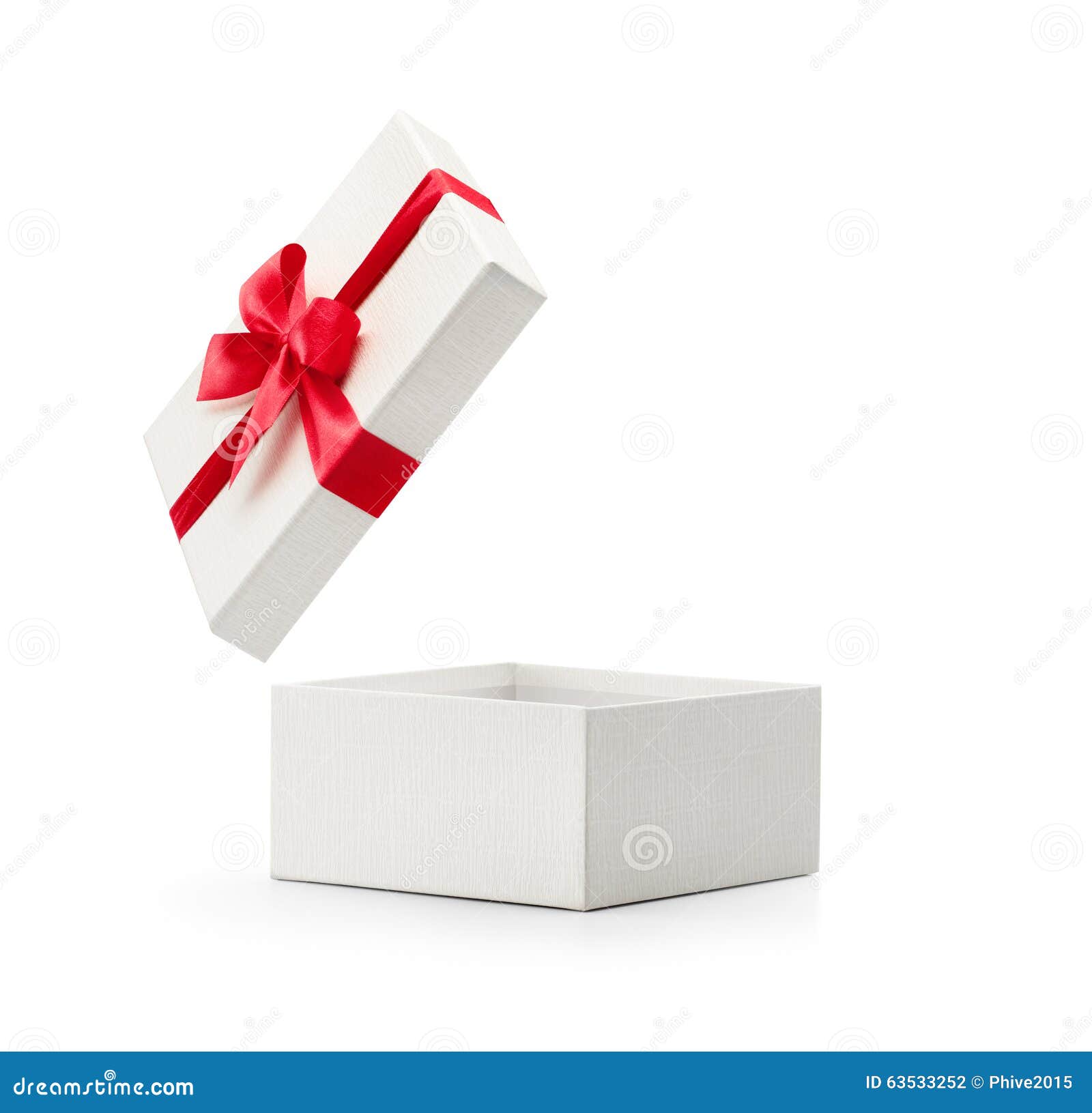 Weiß-offene Geschenkbox Mit Rotem Bogen Stockfoto - Bild von geöffnet ...