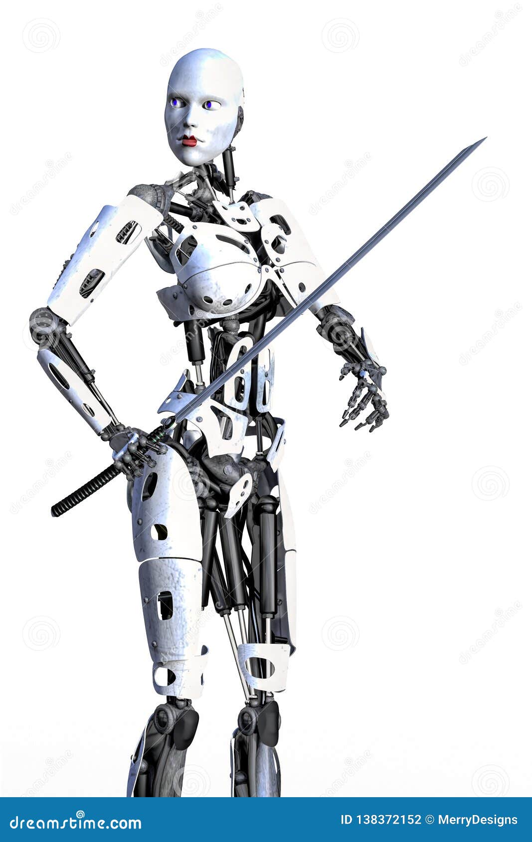 Weiblicher Cyborg Mit Katana Sword Isolated Stockfoto - Illustration ...