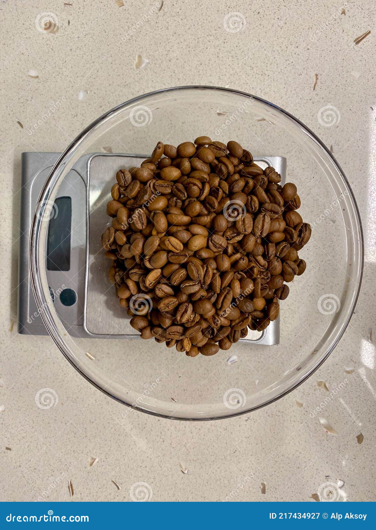 Weigh Out the Coffee Beans on Scales. Weighing on Kitchen Surface Stock ...