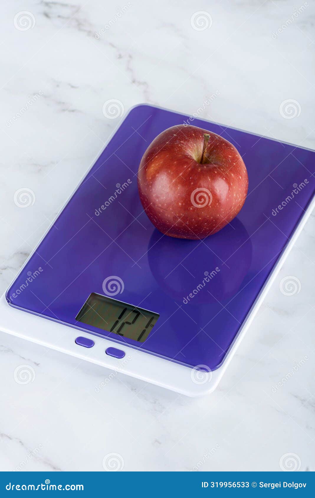 Weigh a Red Apple on a Purple Kitchen Scale. Stock Image - Image of ...
