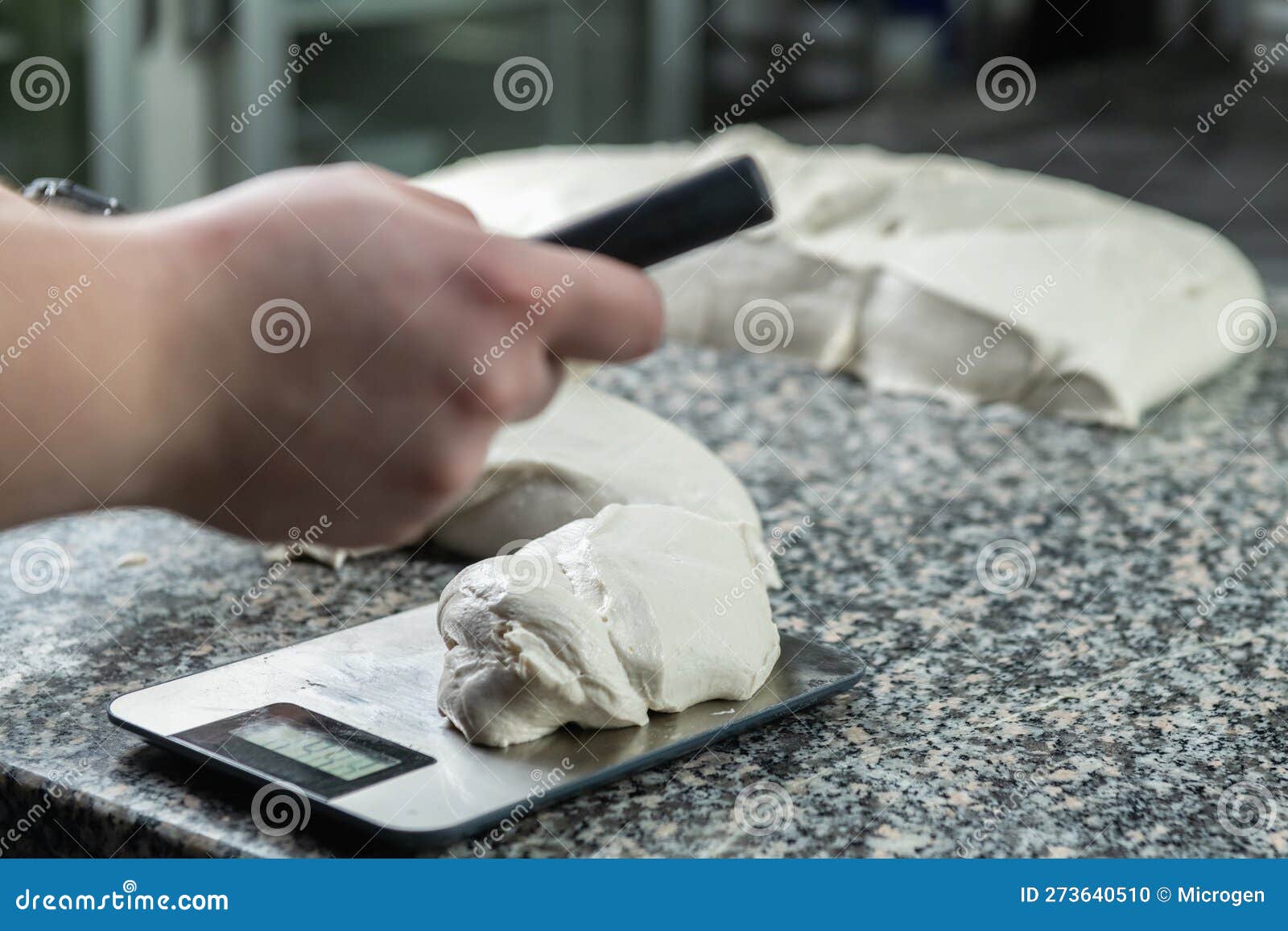 Weighing dough on a scale stock photo. Image of pastry - 273640510