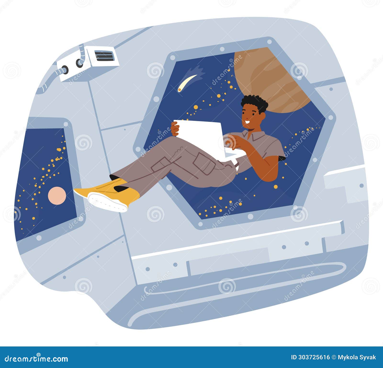 Weightless Astronaut Floats With A Laptop In A Spaceship. The ...