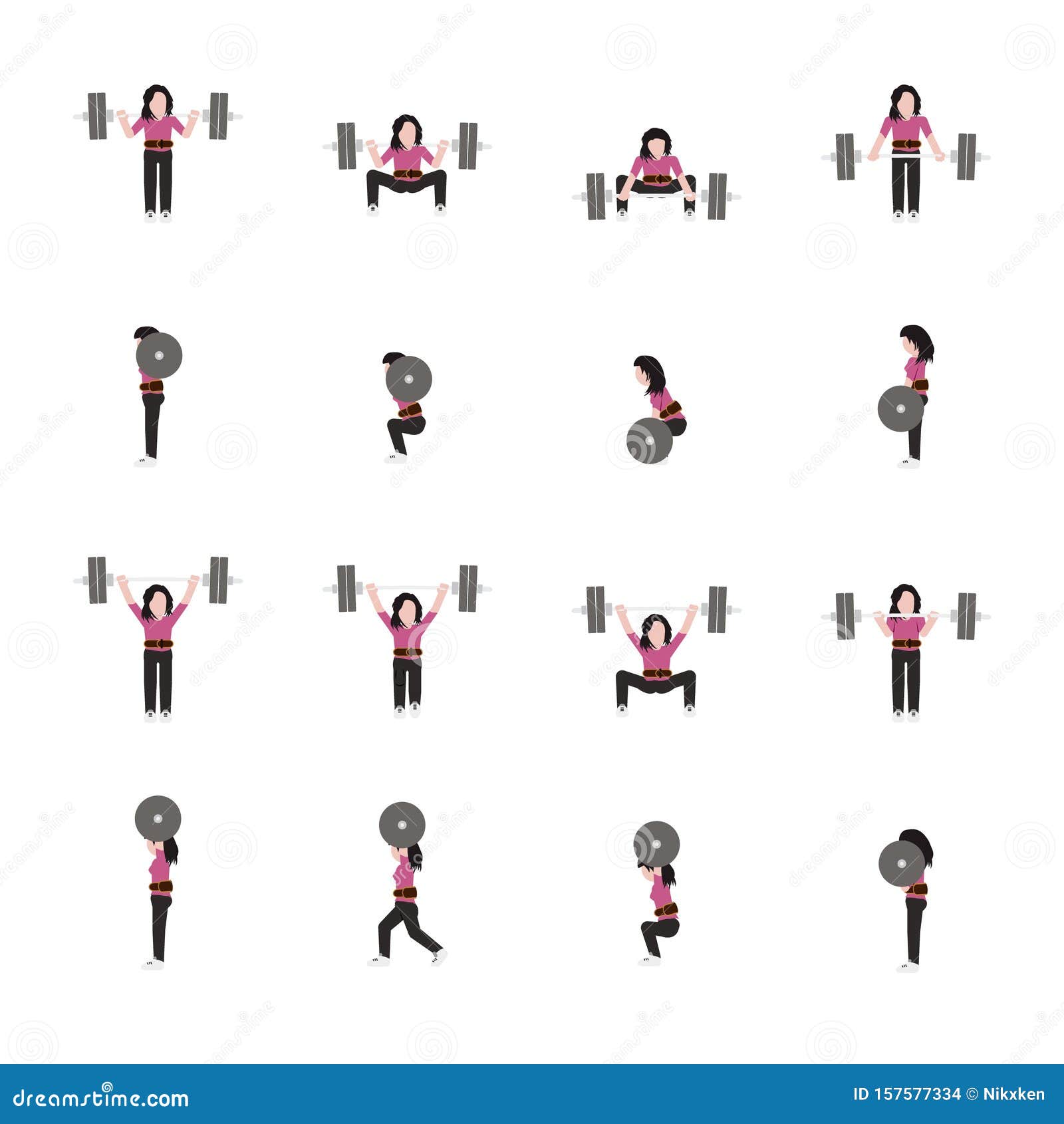 Weightlifting Woman Flat Icon Set in Color. Vector Stock Vector ...